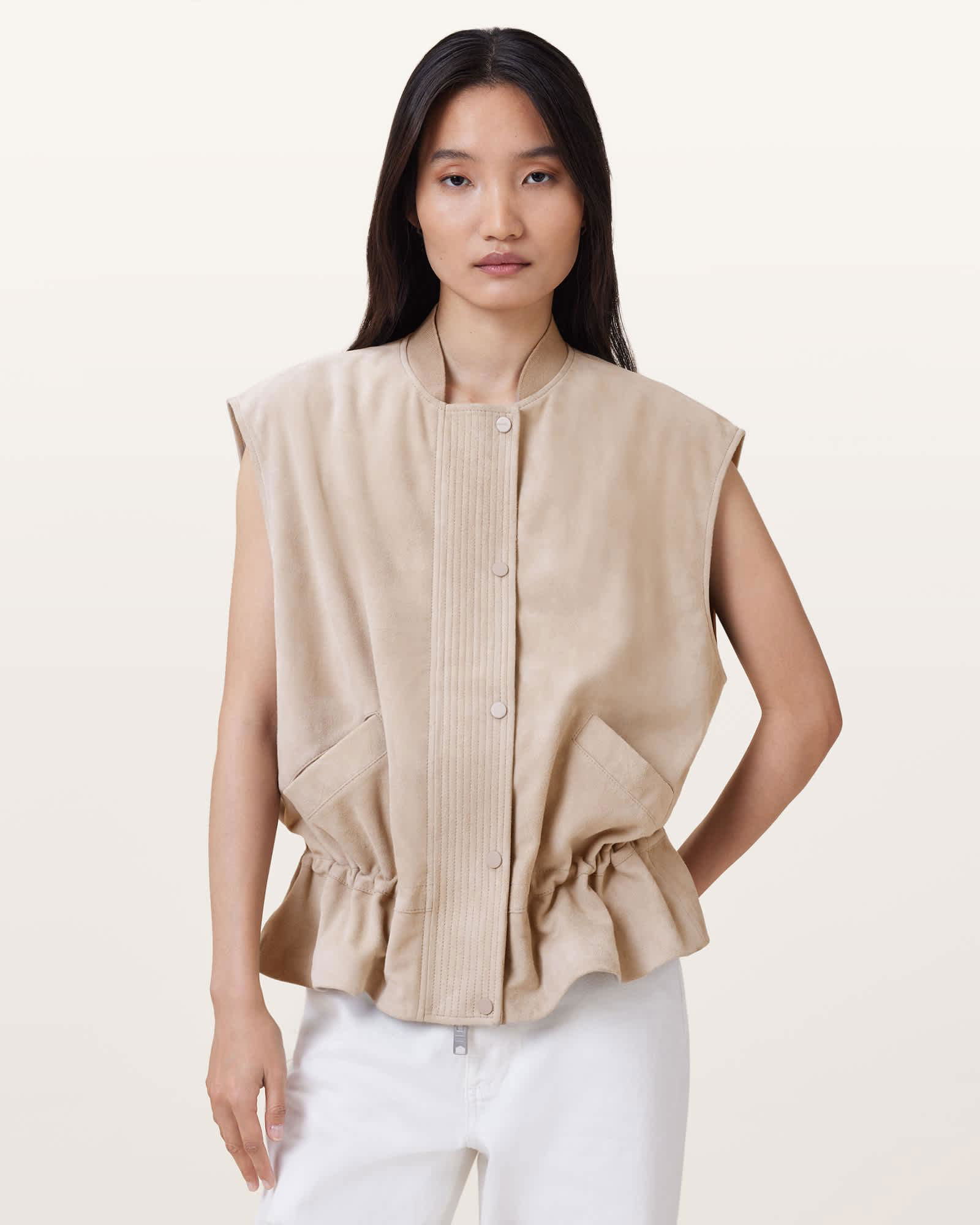 ALLSAINTS Sofi Relaxed Fit Leather Gilet in Silver Birch Grey | endource