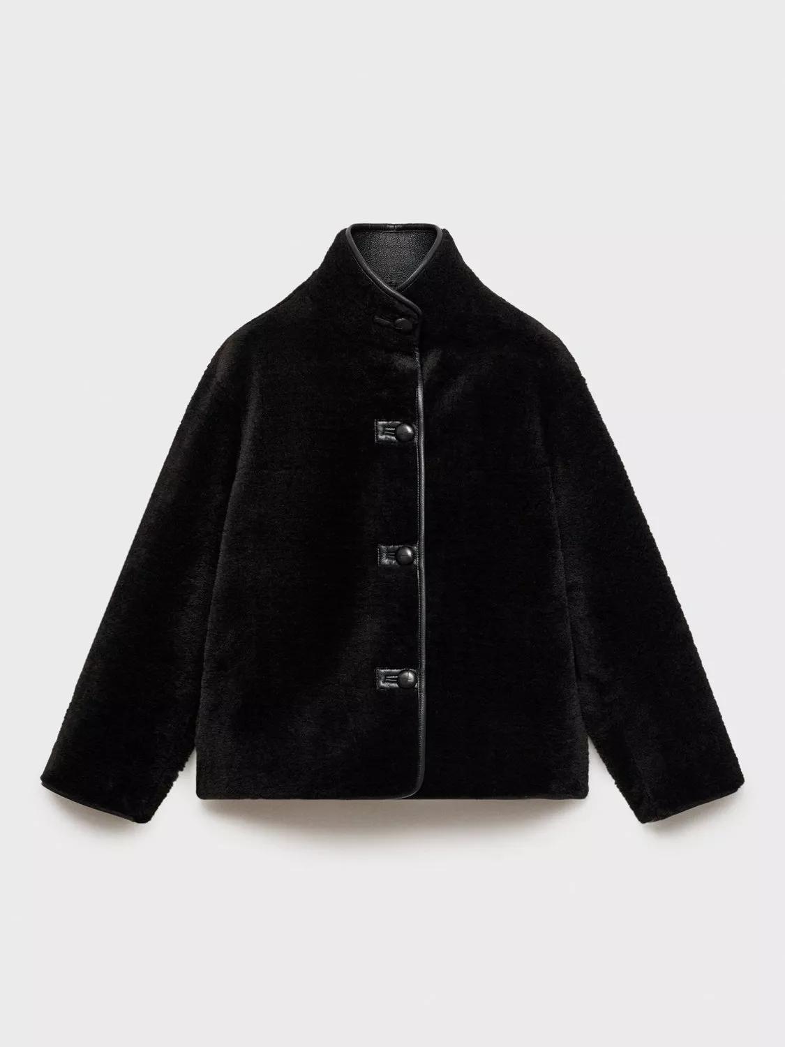 MANGO Mozart Boxy Teddy Jacket in Black | endource