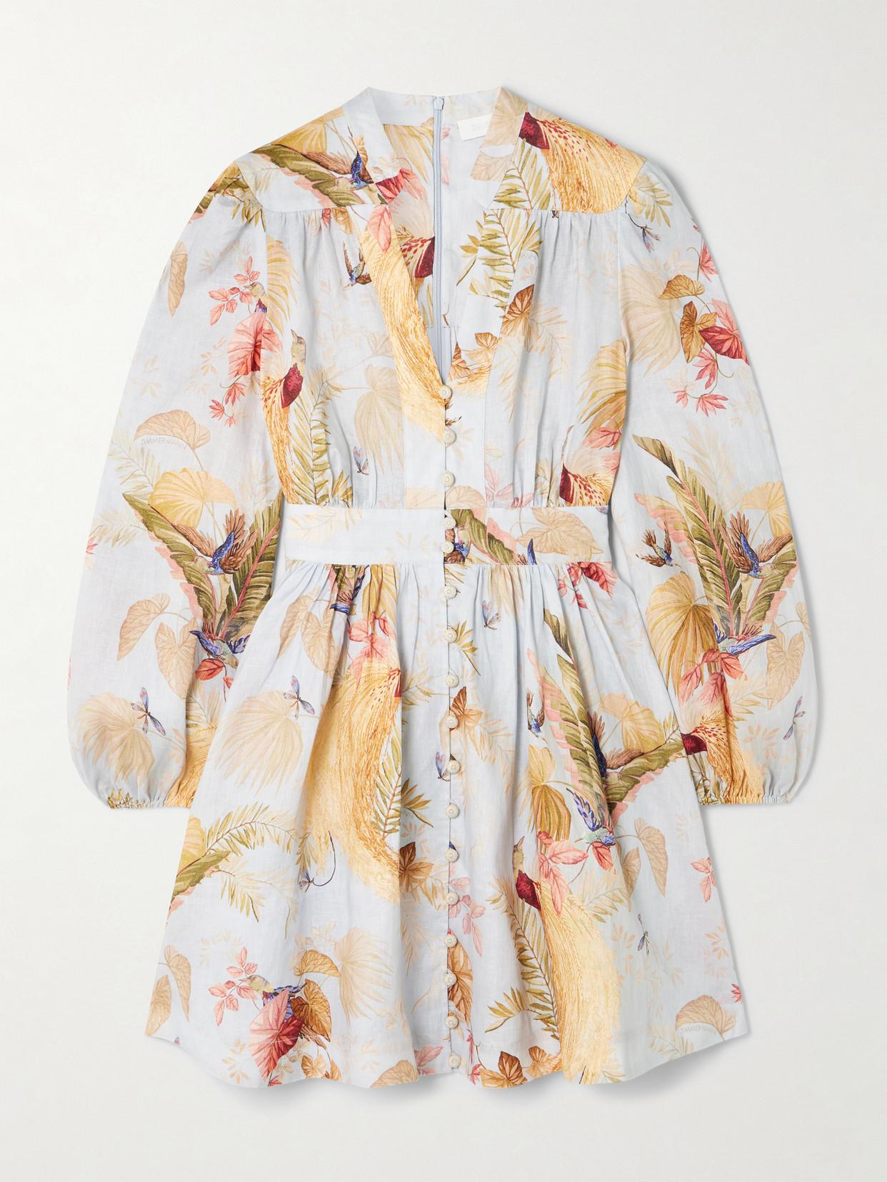 ZIMMERMANN Ascension Floral-Print Linen Mini Dress in White | endource