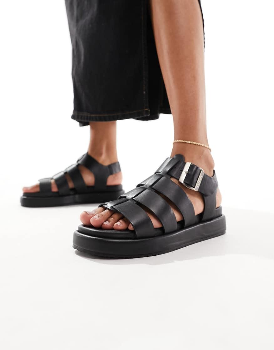 BARBOUR Leather Strap Sandals in Black | endource