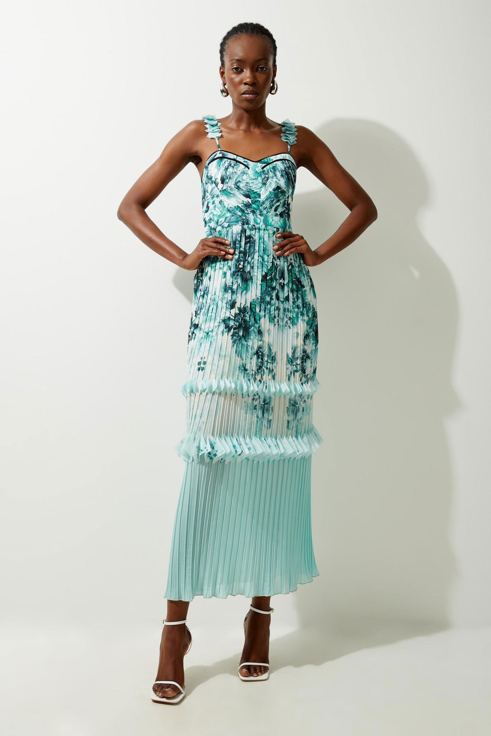 KAREN MILLEN Floral Pleat Detail Strappy Midi Dress in Green | endource