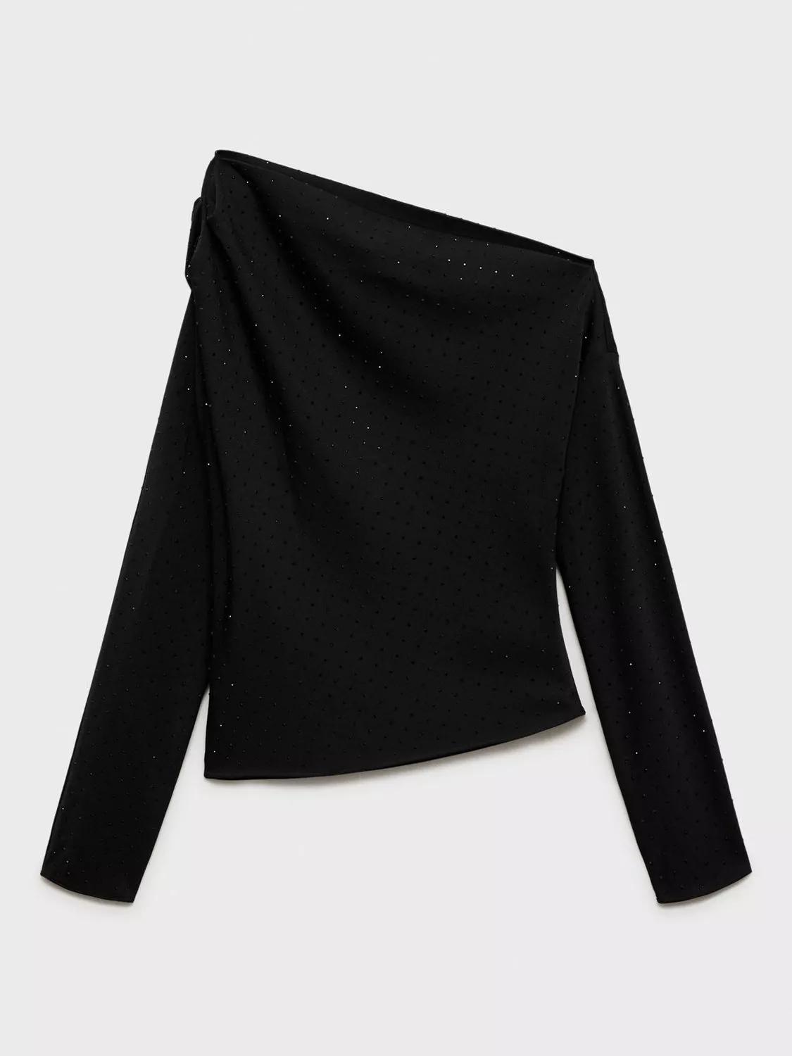 MANGO Skin Pleat Asymmetric Sequin Top in Black | endource