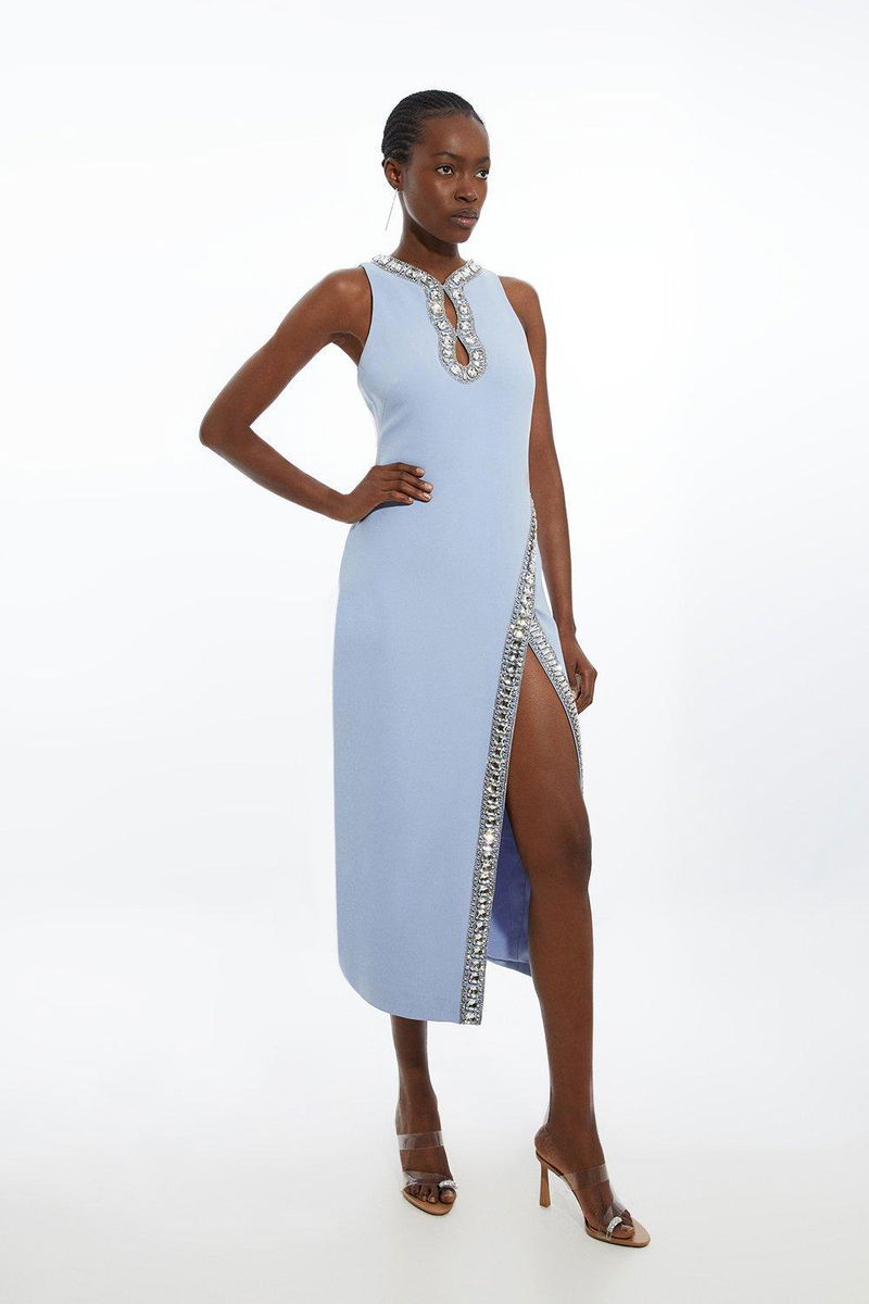 Karen Millen Crystal Embellished Keyhole Woven Midi Dress In Blue