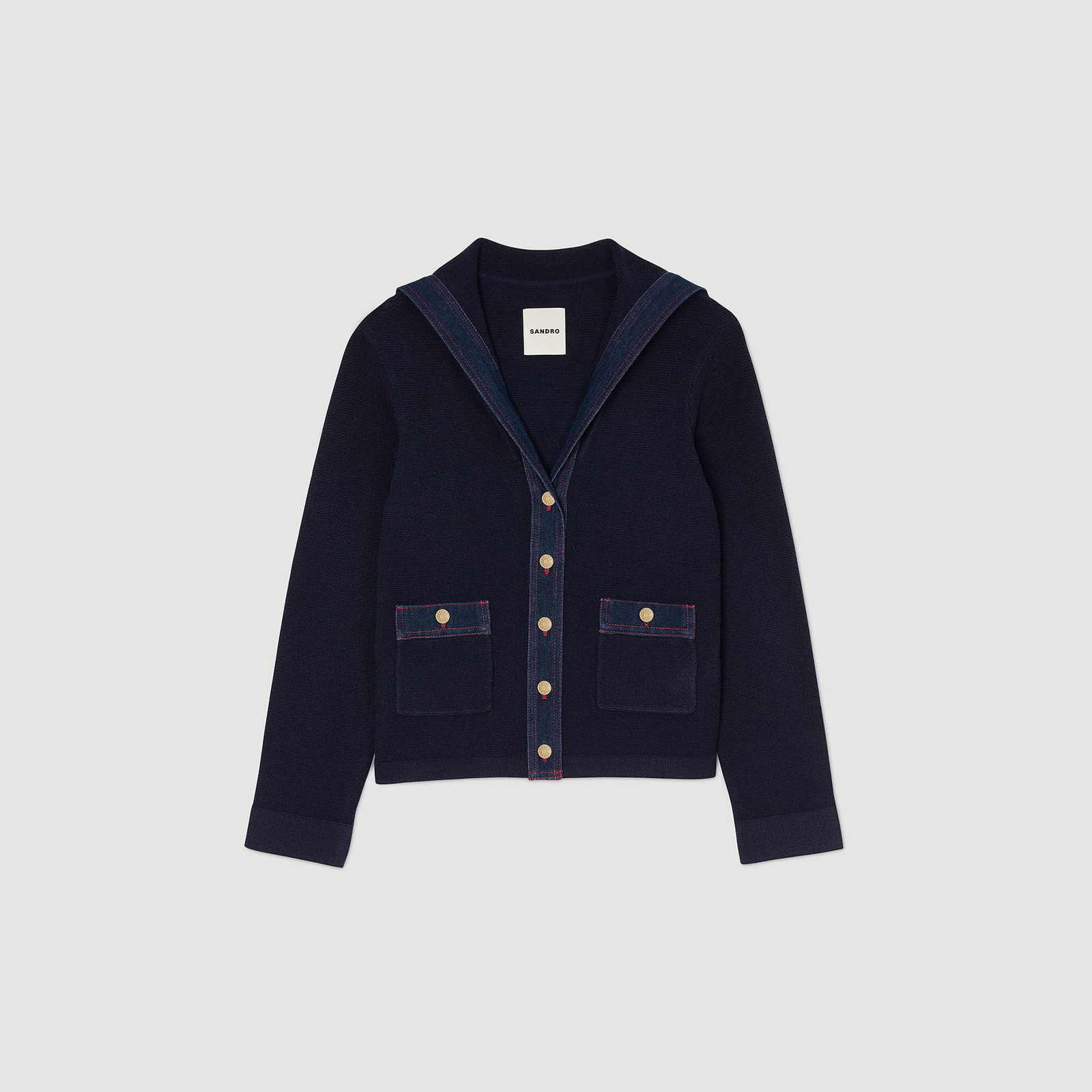 SANDRO Cardigan With Denim Details in Navy Blue | endource