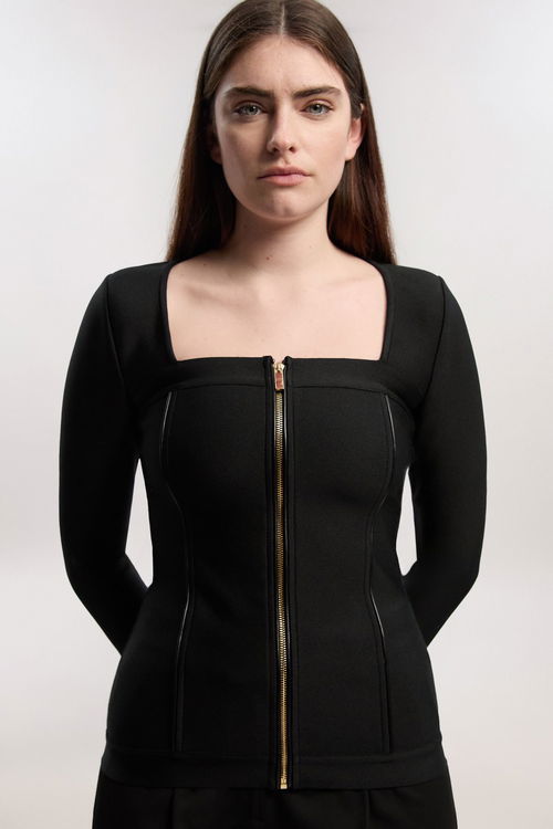 KAREN MILLEN PU Tipped Detail Zip Through Bandage Knit Top | endource