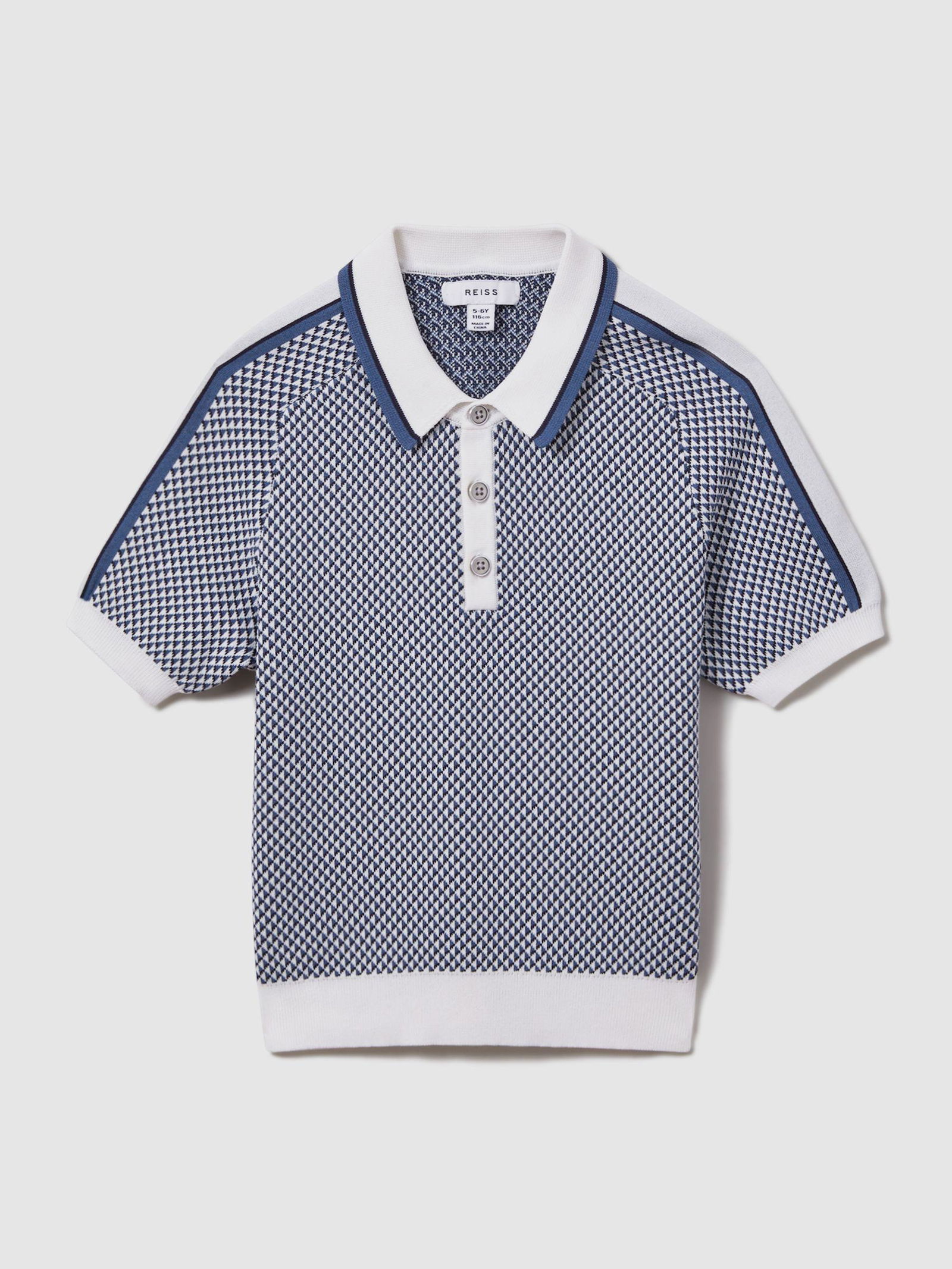 REISS Brunswick Geometric Design Knitted Polo Shirt in Blue | endource