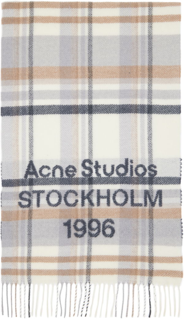 ACNE STUDIOS Gray & Beige Check Logo Wide Scarf | endource