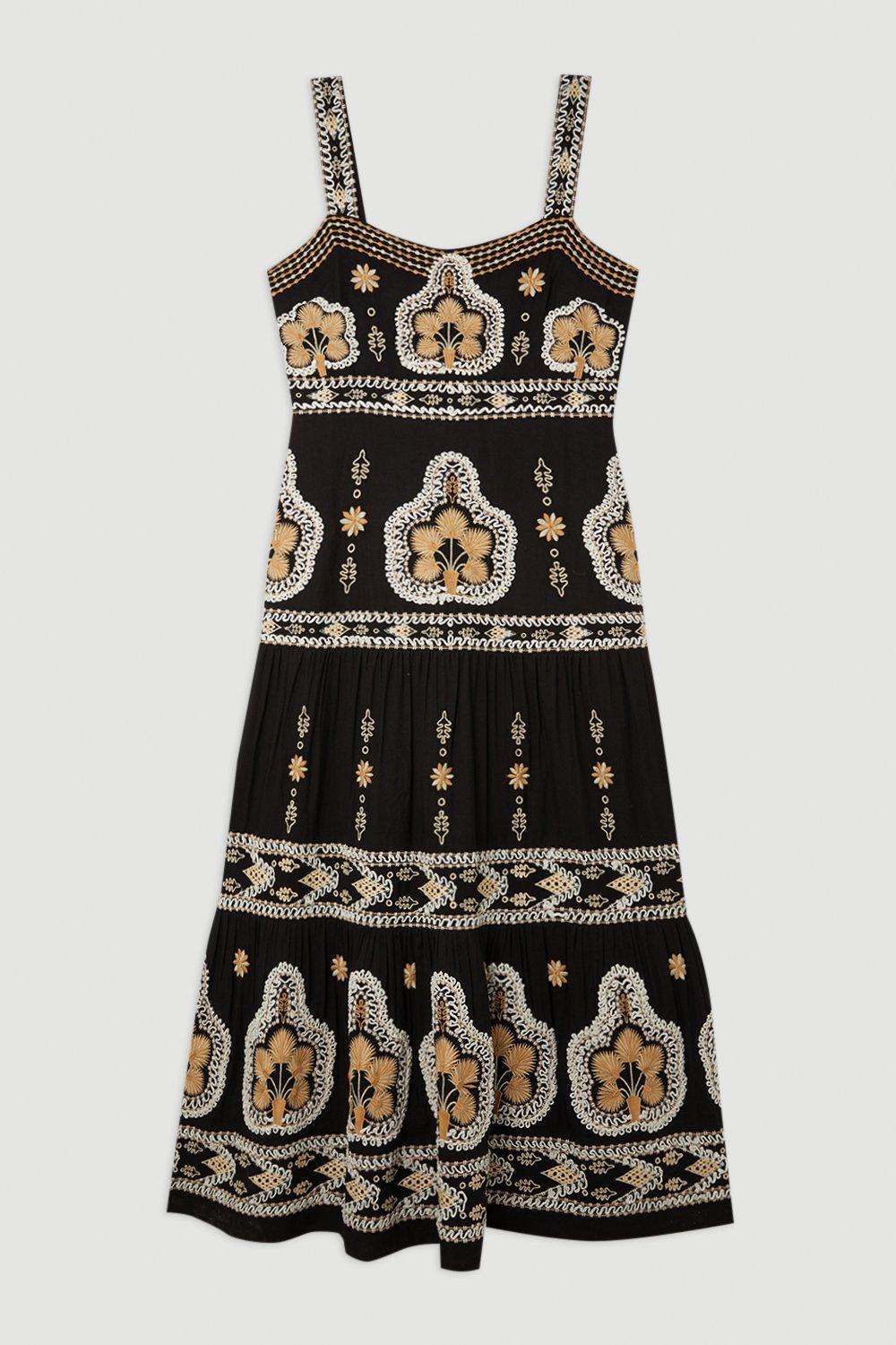 KAREN MILLEN Linen Embroidered Strappy Woven Maxi Dress in Black | Endource