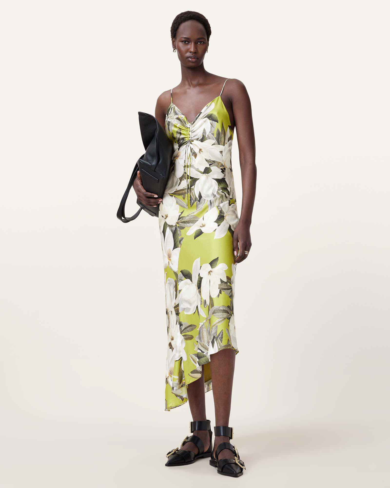 ALLSAINTS Alexia V-Neck Drawstring Midi Slip Dress in Revive Stem Green ...