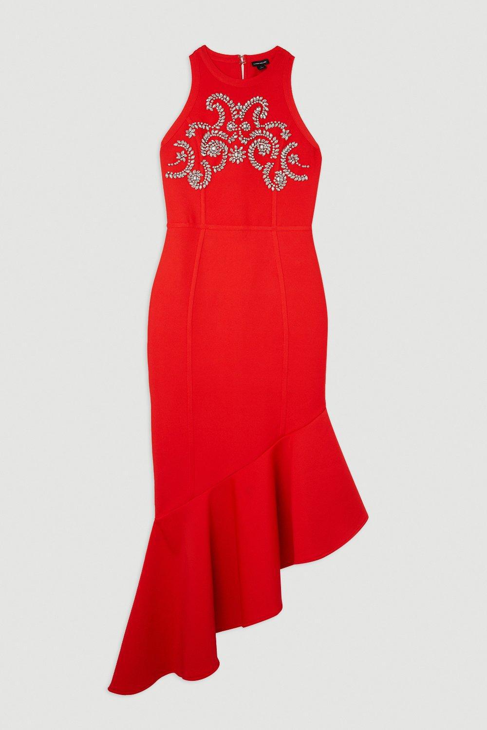 KAREN MILLEN Bandage Form Fitting Embellished Knit Midaxi Dress in Red ...