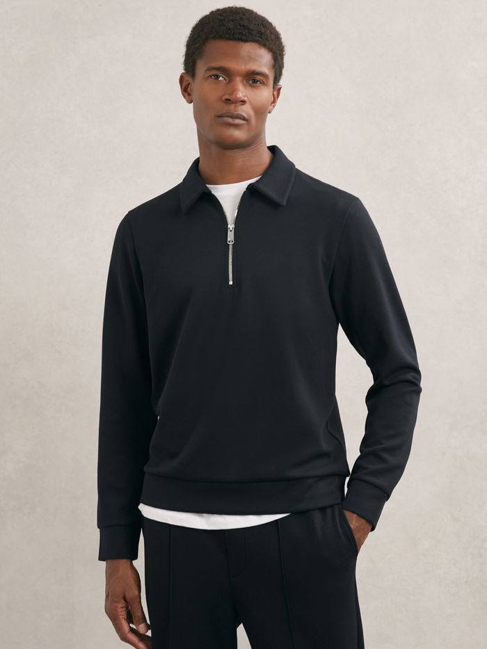 REISS Premium Interlock Half-Zip Polo Sweatshirt In Navy Blue | endource