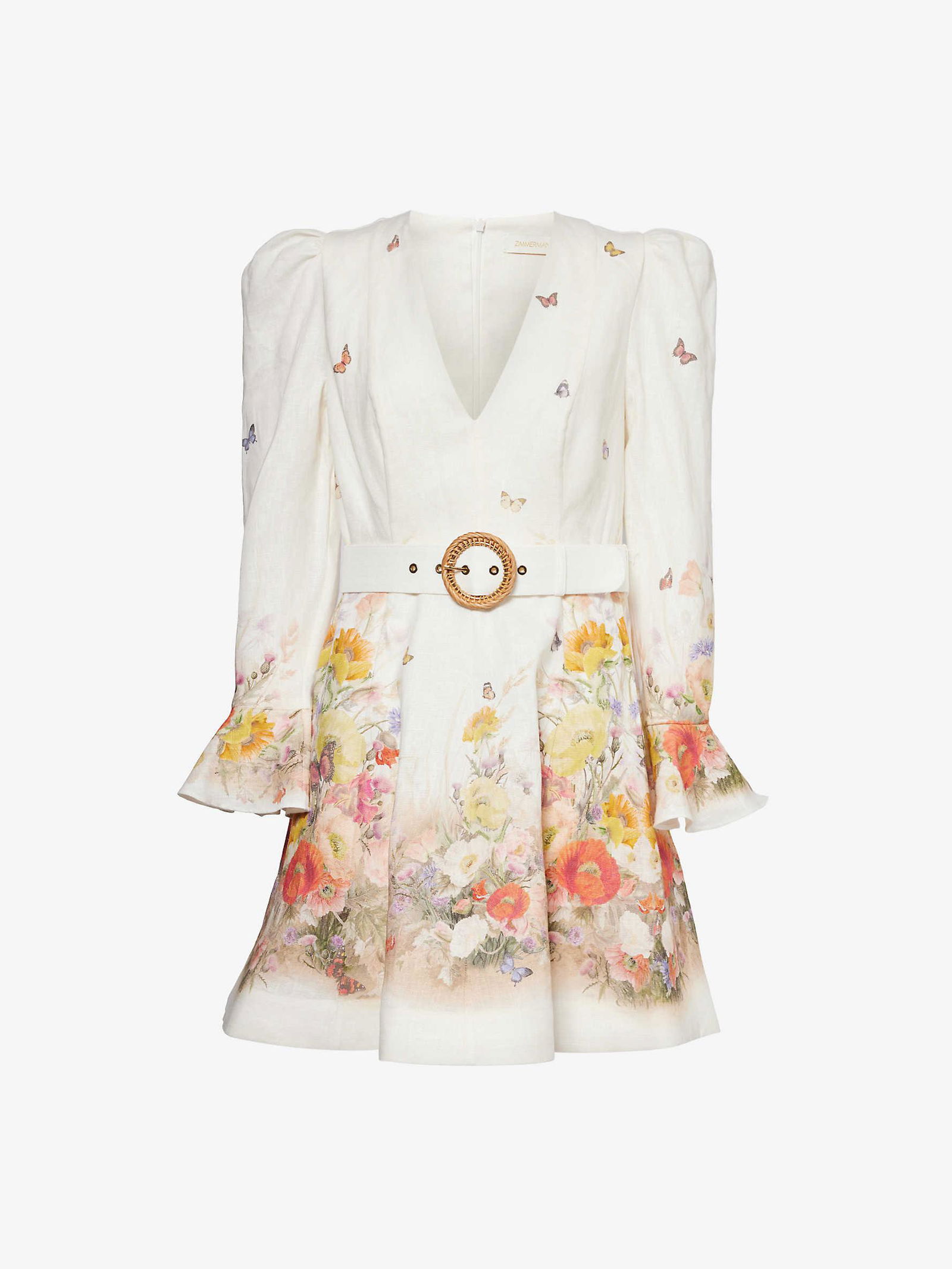 ZIMMERMANN Natura Floral Linen Mini Dress in Red Butterflies | endource