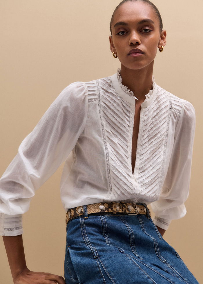 ME+EM Delicate Pintucked High-Neck Top Soft White | endource
