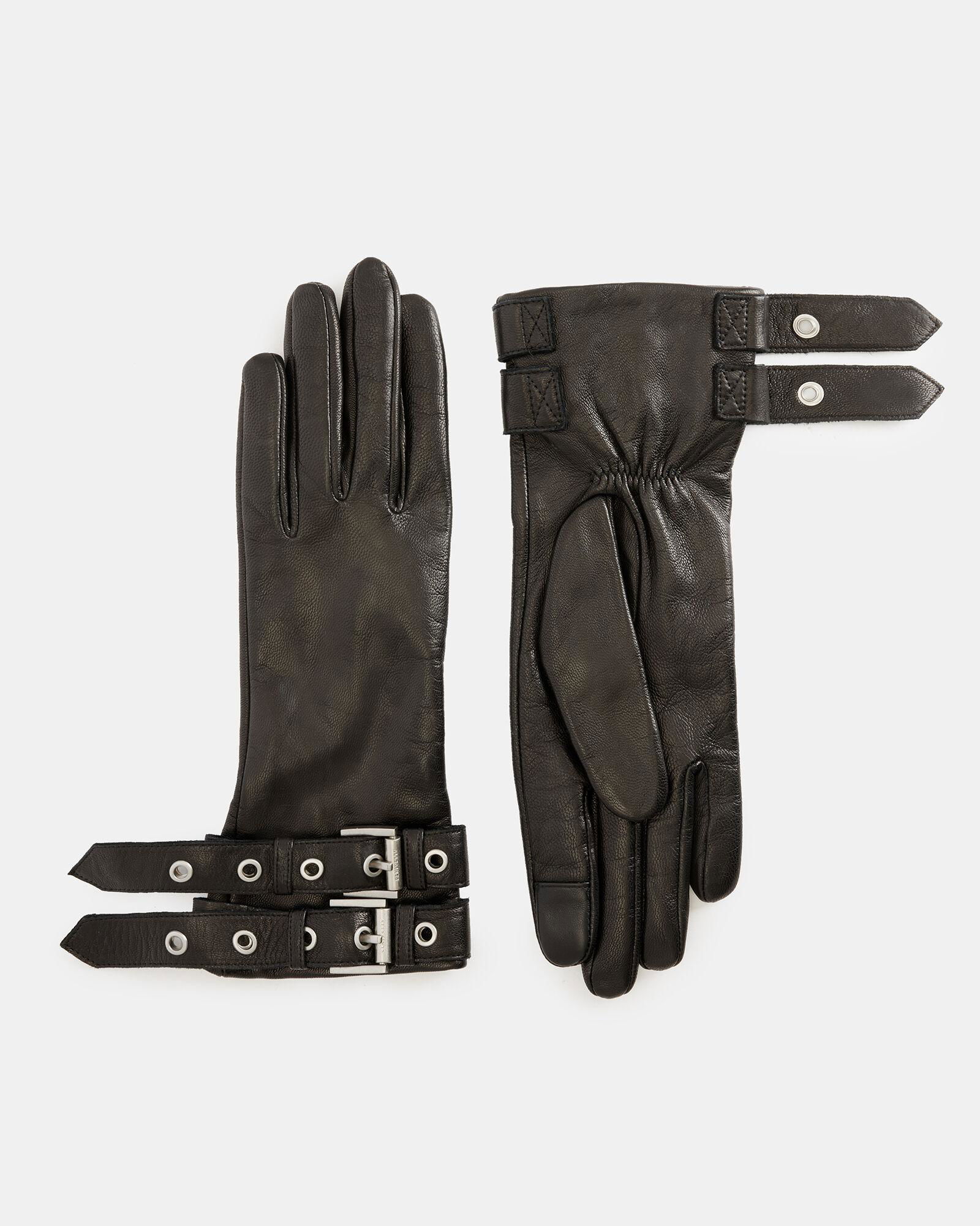 ALLSAINTS Roxy Leather Double Buckle Gloves in BLACK/DULL NICKEL | Endource
