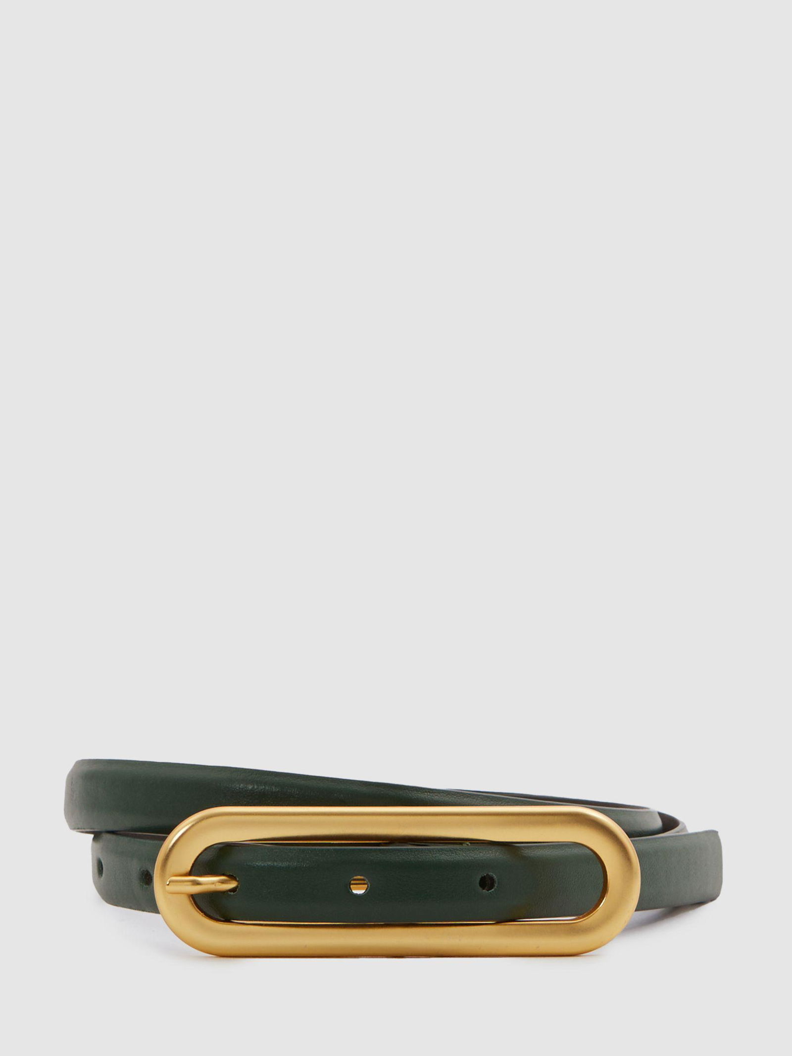 REISS Chaya Thin Leather Elongated Buckle Belt in Green | Endource