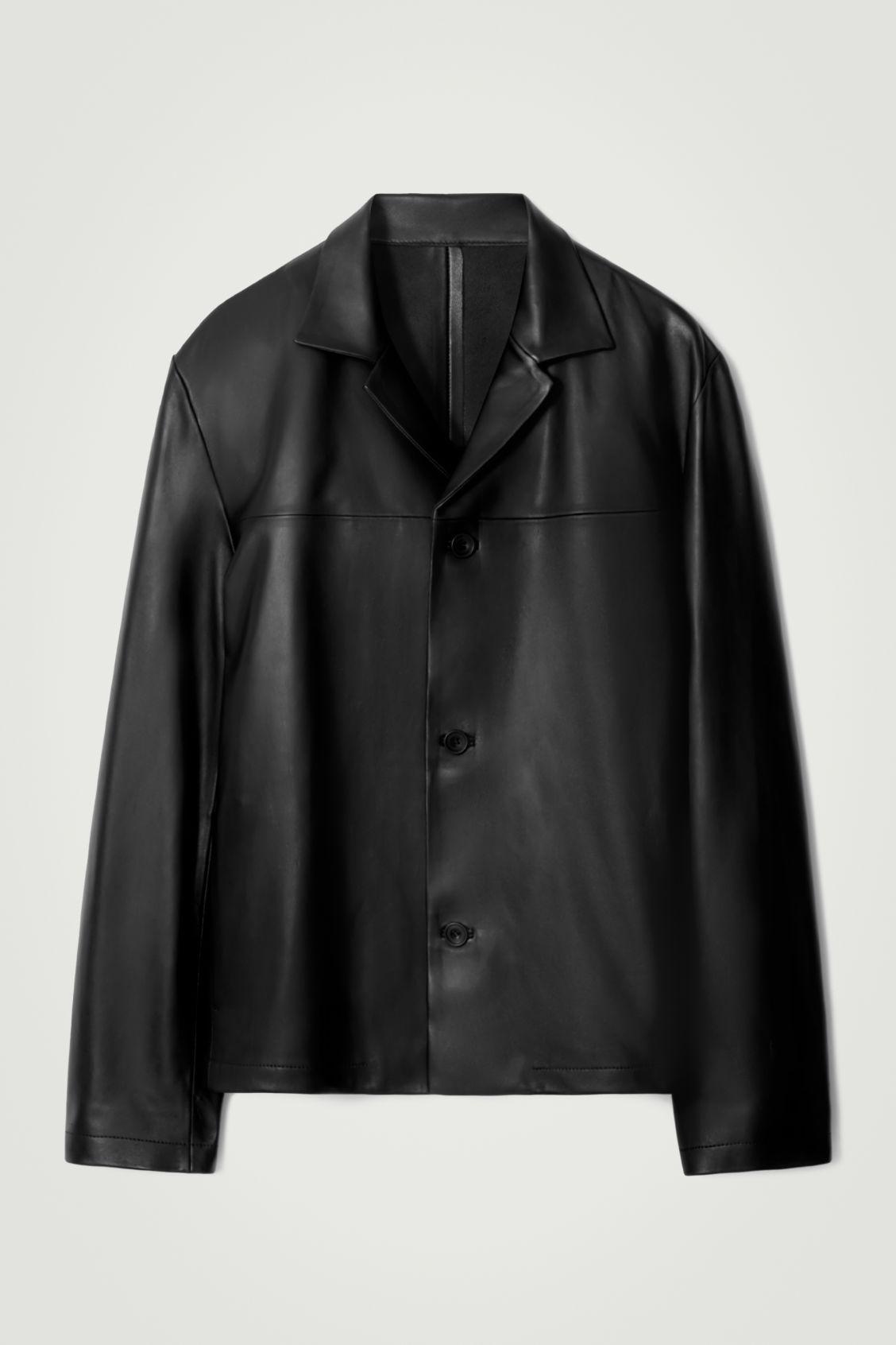 COS Camp-Collar Leather Jacket in BLACK | endource