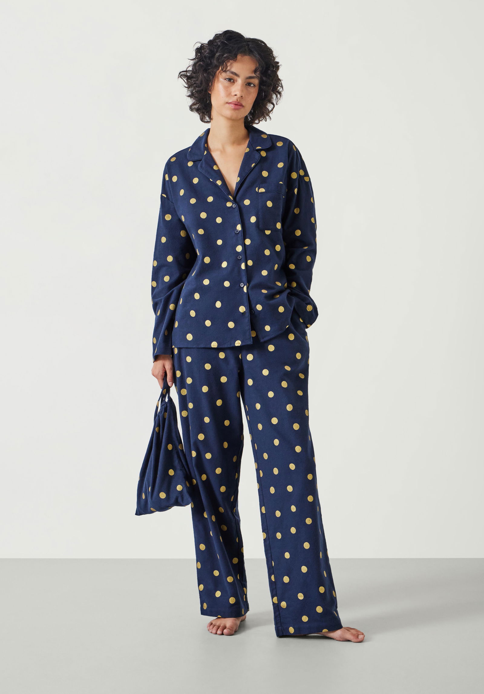 HUSH Amita Flannel Foil Polka Dot Pyjamas in Navy Gold Polka Dot | endource