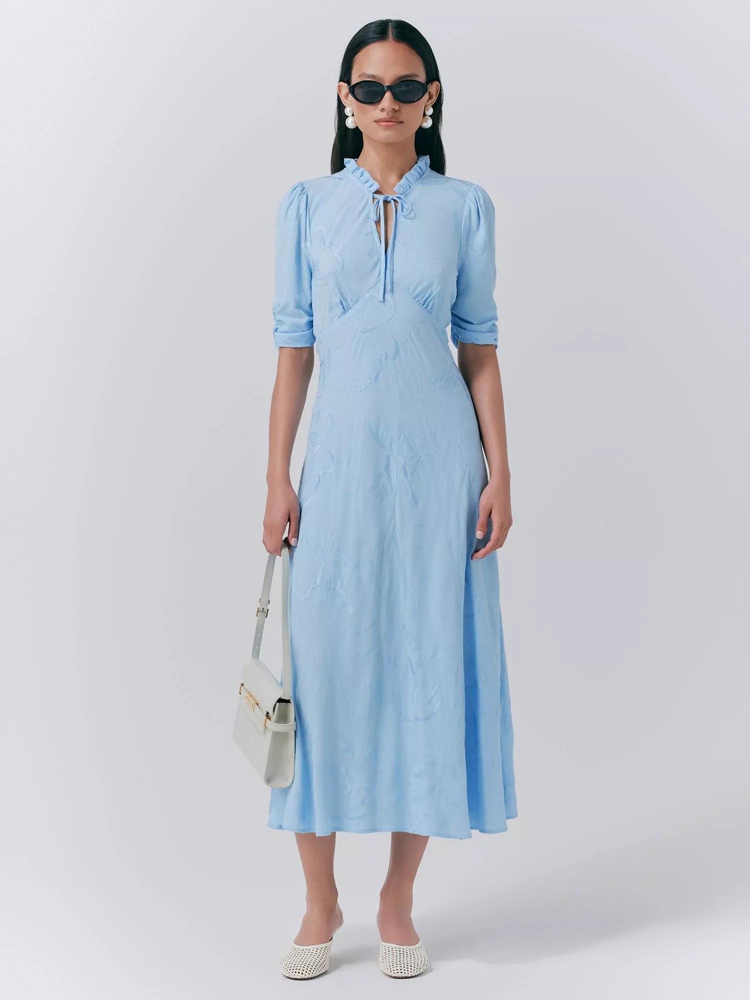 GHOST Gemma Ruffle Neck Midi Dress in Light Blue | endource