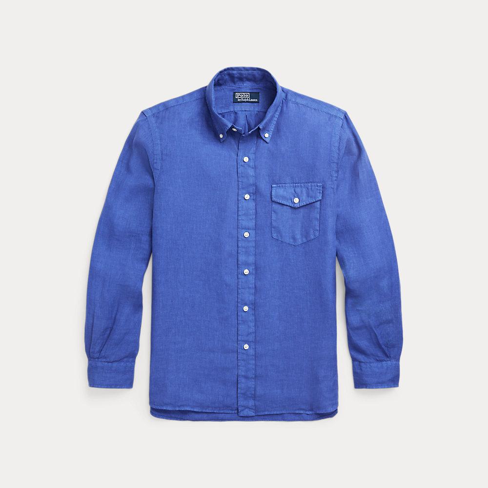 POLO RALPH LAUREN Classic Fit Garment-Dyed Linen Shirt in Blue | endource