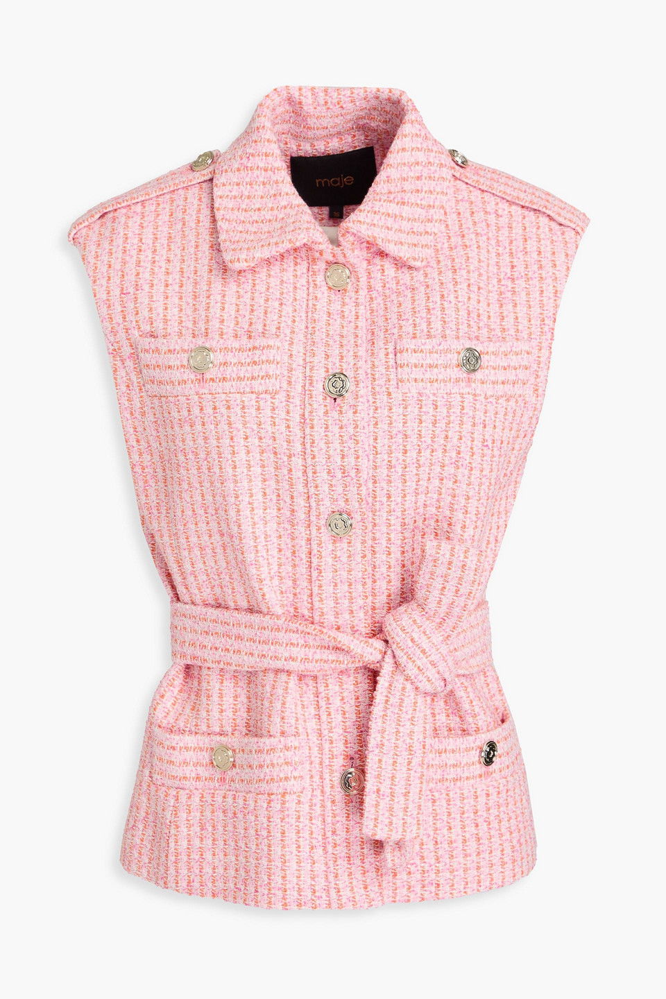 MAJE Belted Metallic Cotton-Blend Tweed Vest | endource