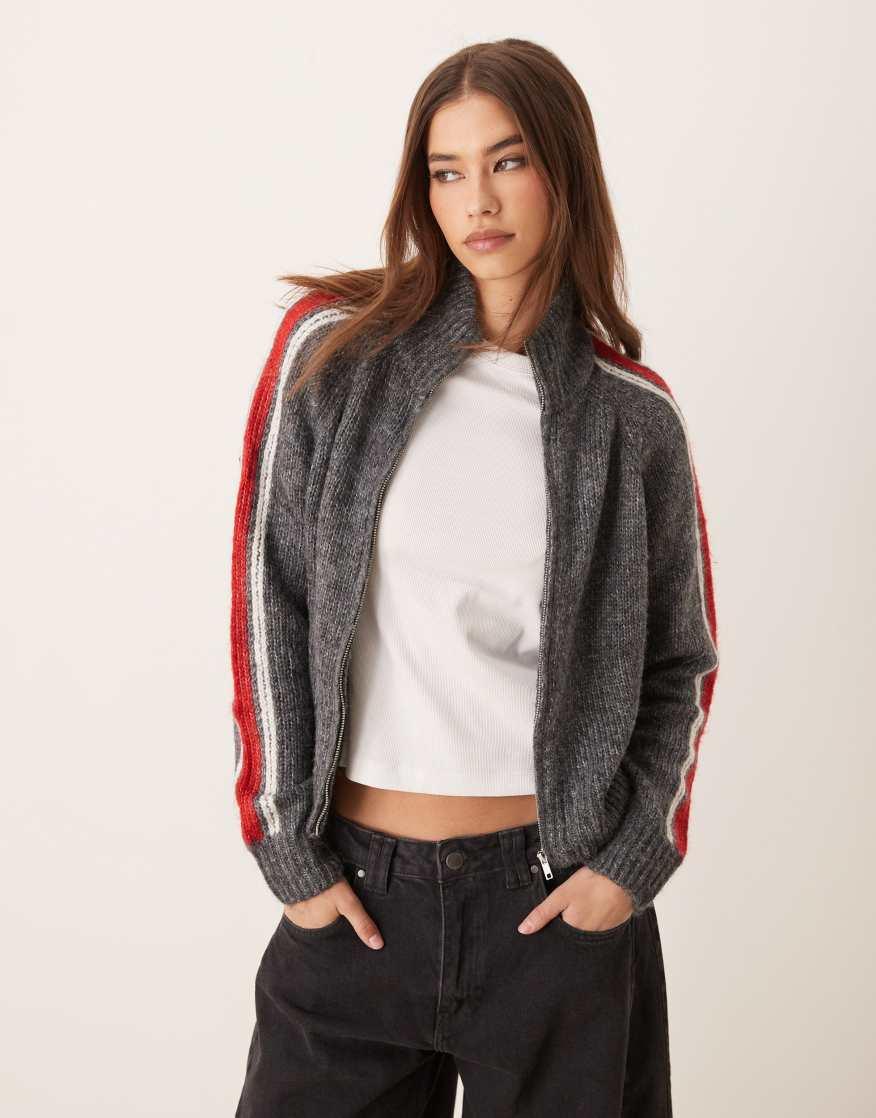 MANGO Zip Through Side Stripe Cardigan in GREY | endource