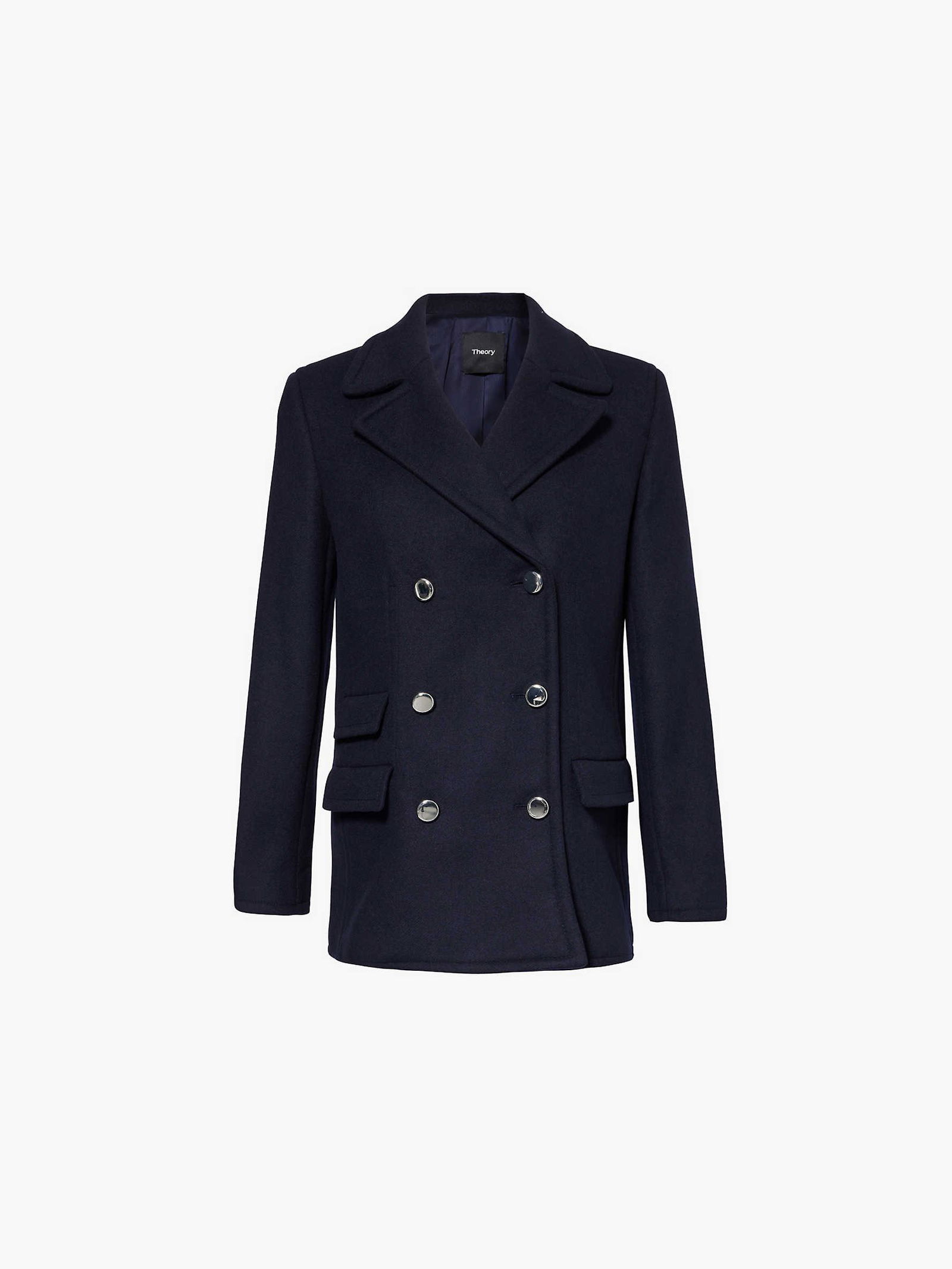 THEORY Double-Breasted Peacoat Recycled-Wool Blend Felt Coat in BALTIC | endource