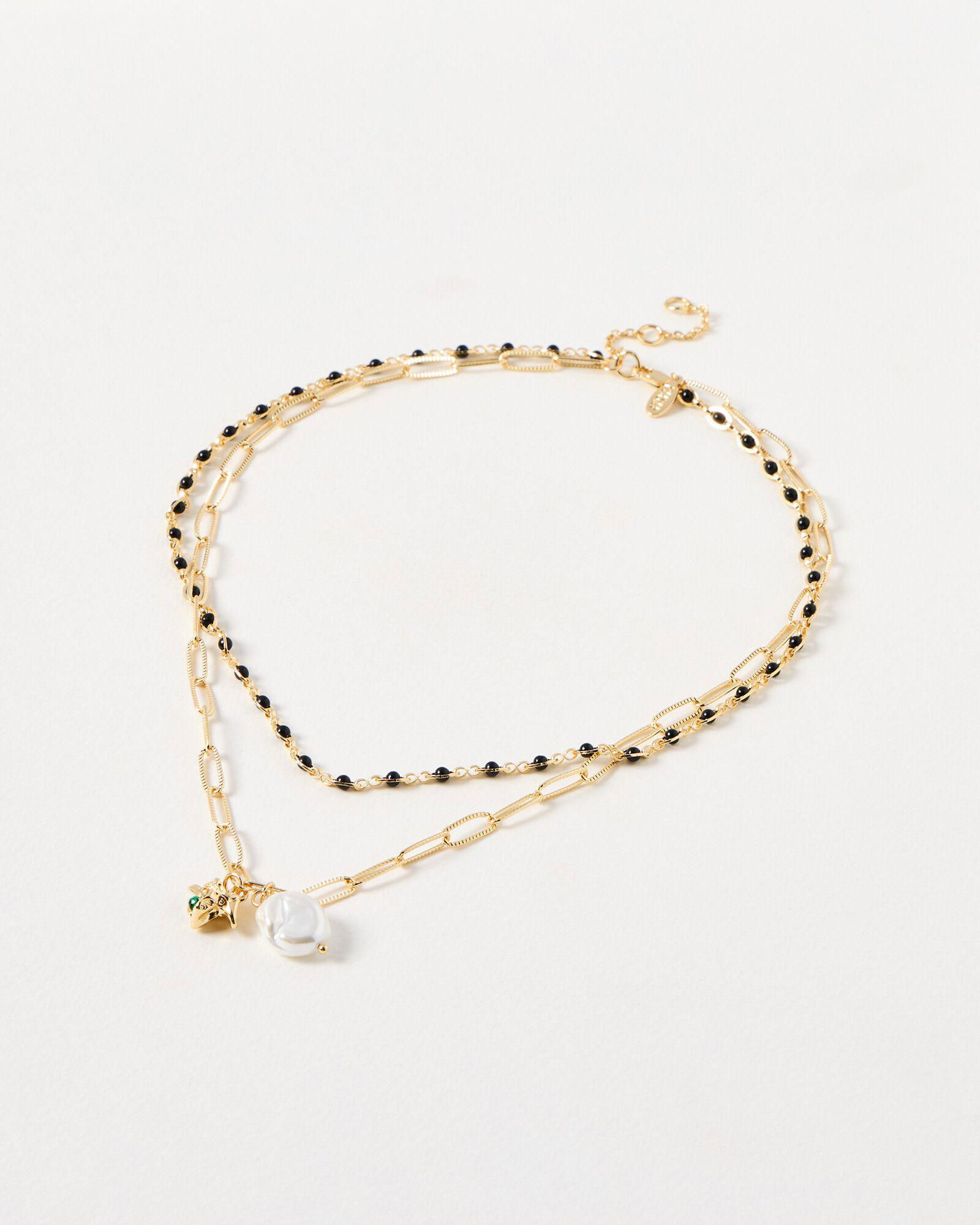 OLIVER BONAS Angie Chain Faux Pearl Layered Pendant Necklace in Black ...