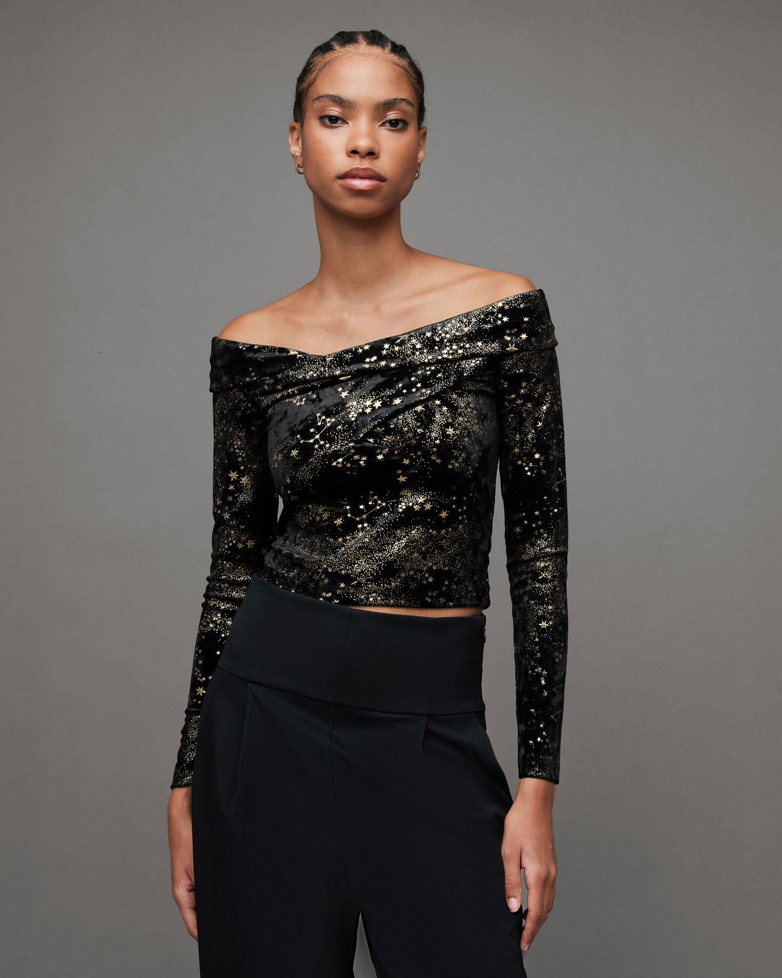 ALLSAINTS Delta Star Off Shoulder Velvet Top in Black/Gold | endource