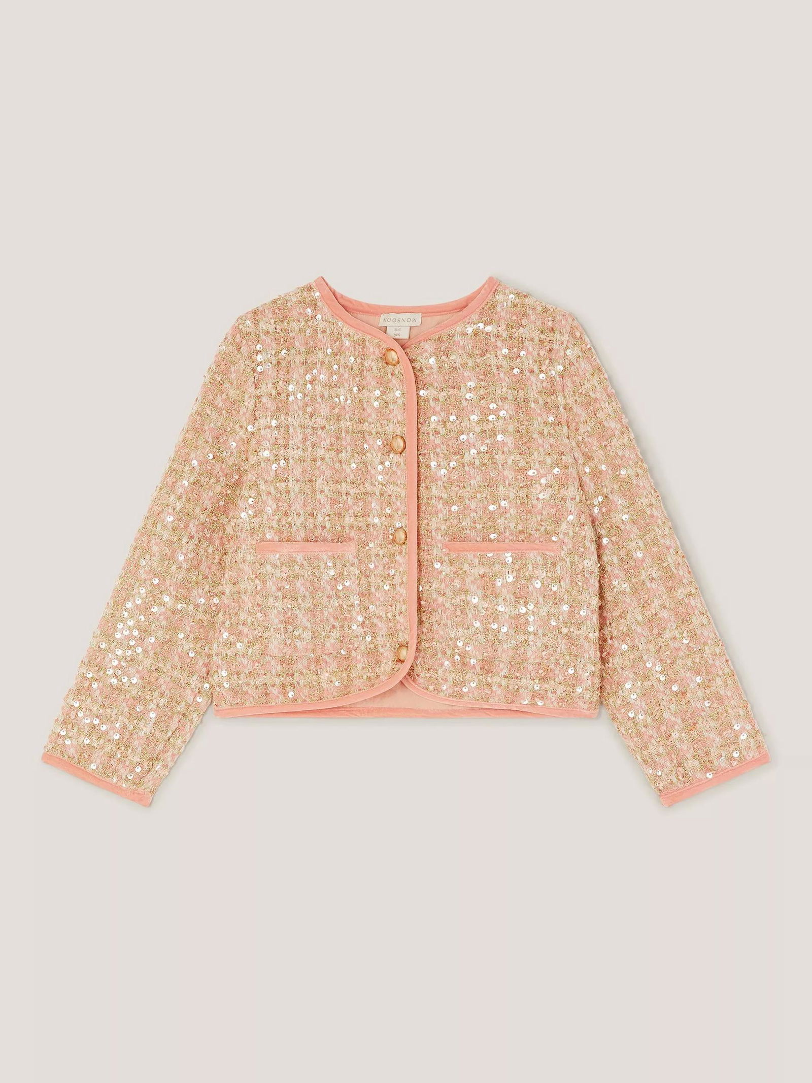Monsoon Kids' Tweed Button Sequin Jacket, Pink | endource