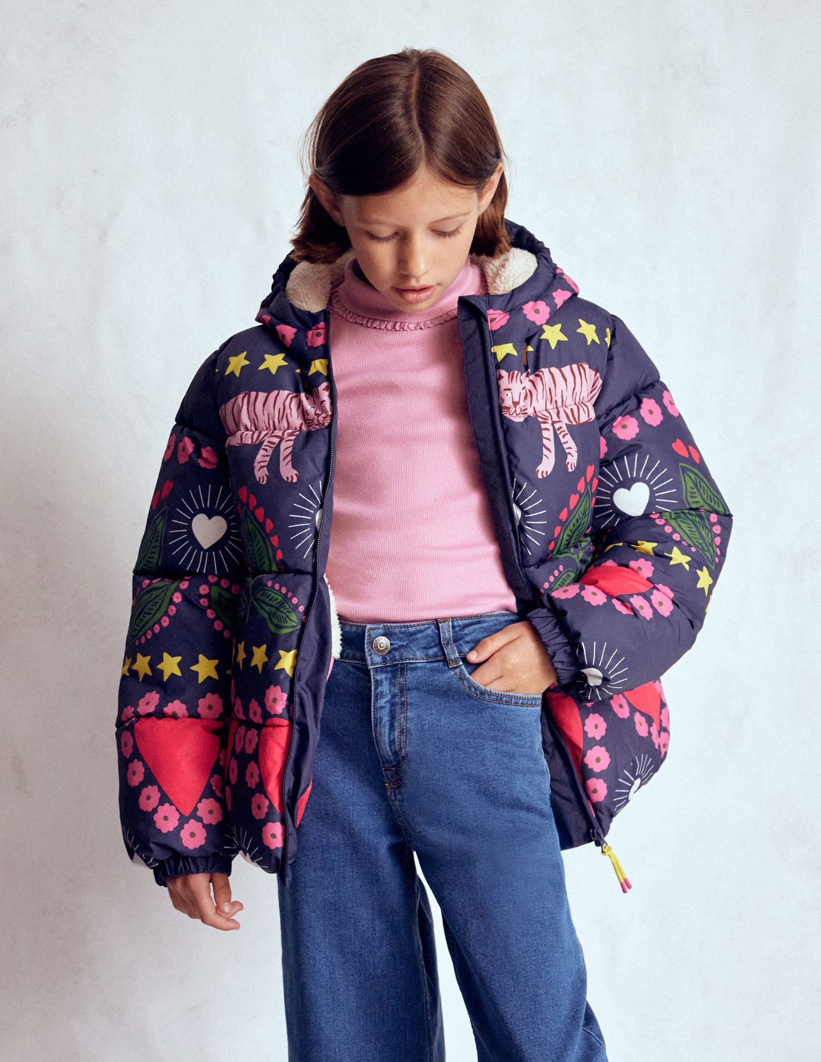 BODEN Fun Padded Coat-College Navy Tiger Stripe | endource