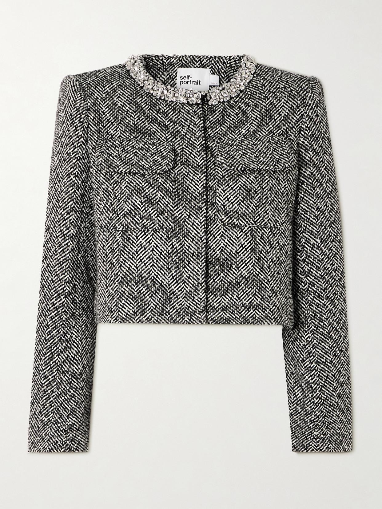 SELF-PORTRAIT Embellished Cropped Herringbone Tweed Jacket in Black ...