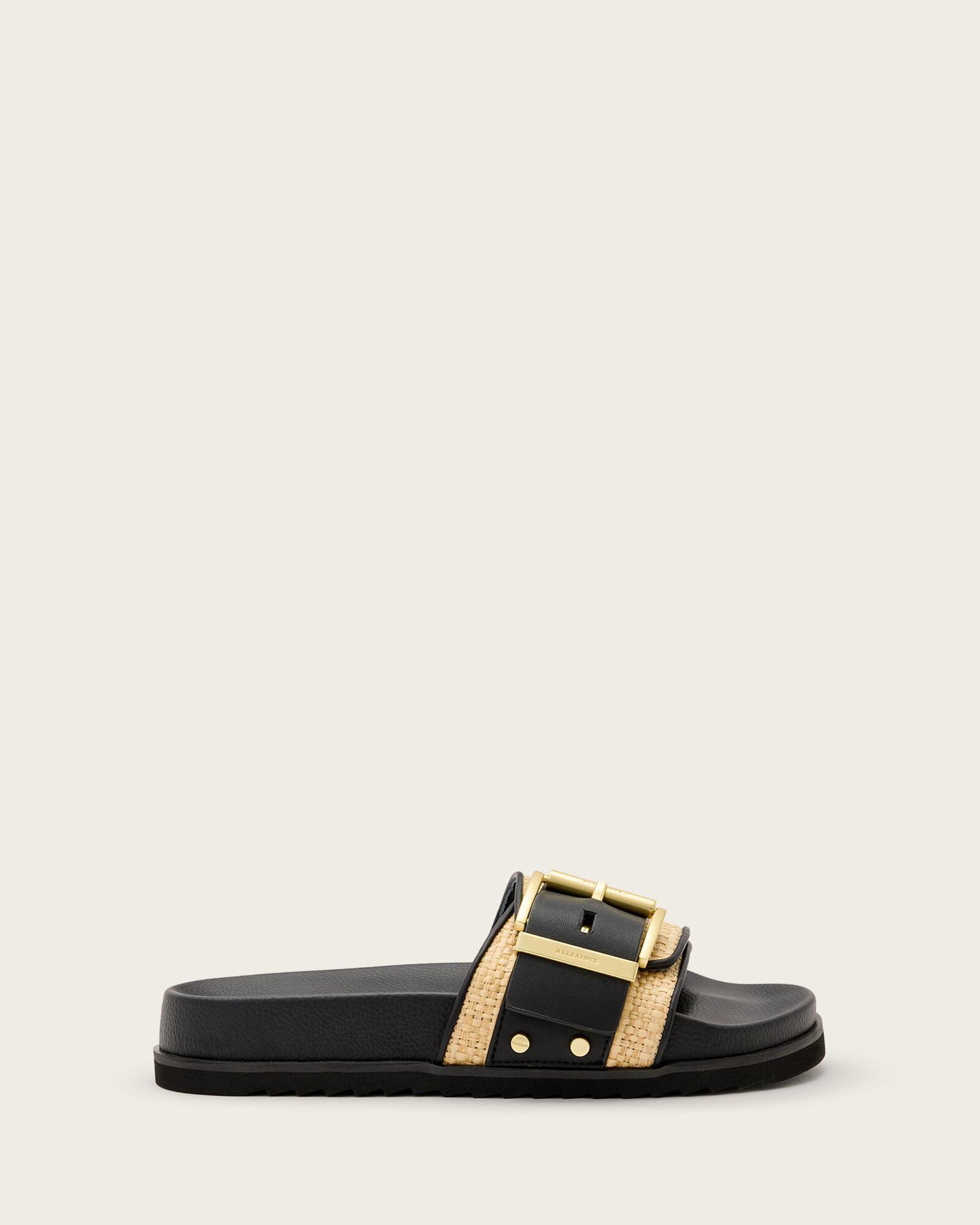 ALLSAINTS Ellie Studded Buckle Leather Sliders in Natural/Black | endource