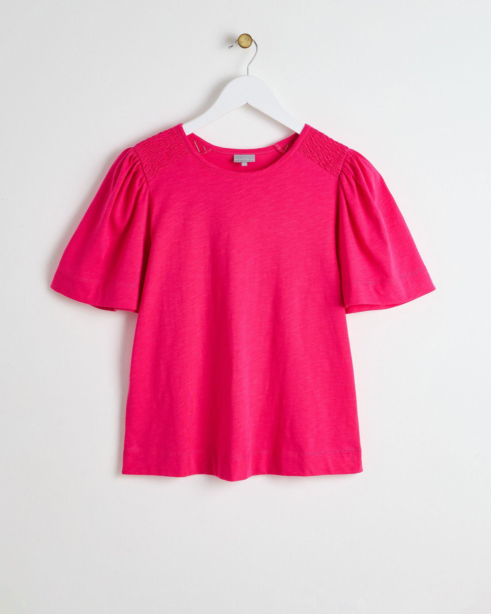 Oliver Bonas Shirred Puff Sleeve Crew Neck Top In Pink Endource