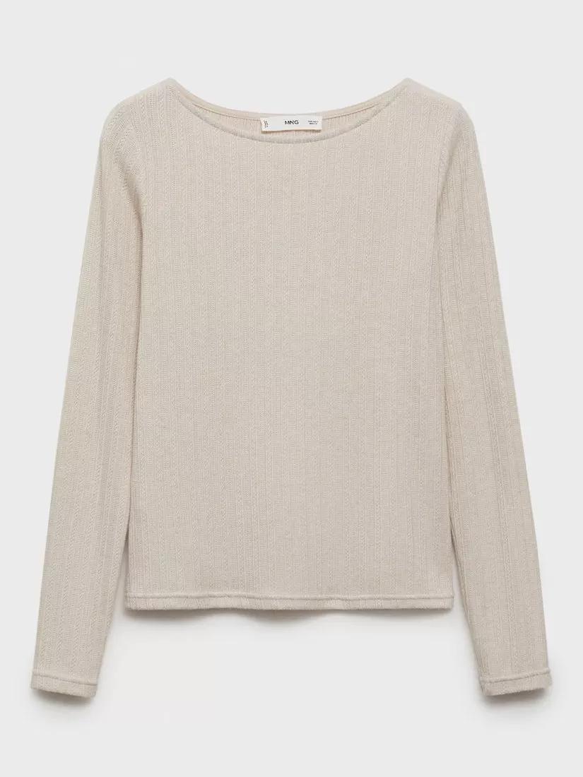MANGO Boat Neck Long Sleeve Pointelle Top in Lt Pastel Grey | endource
