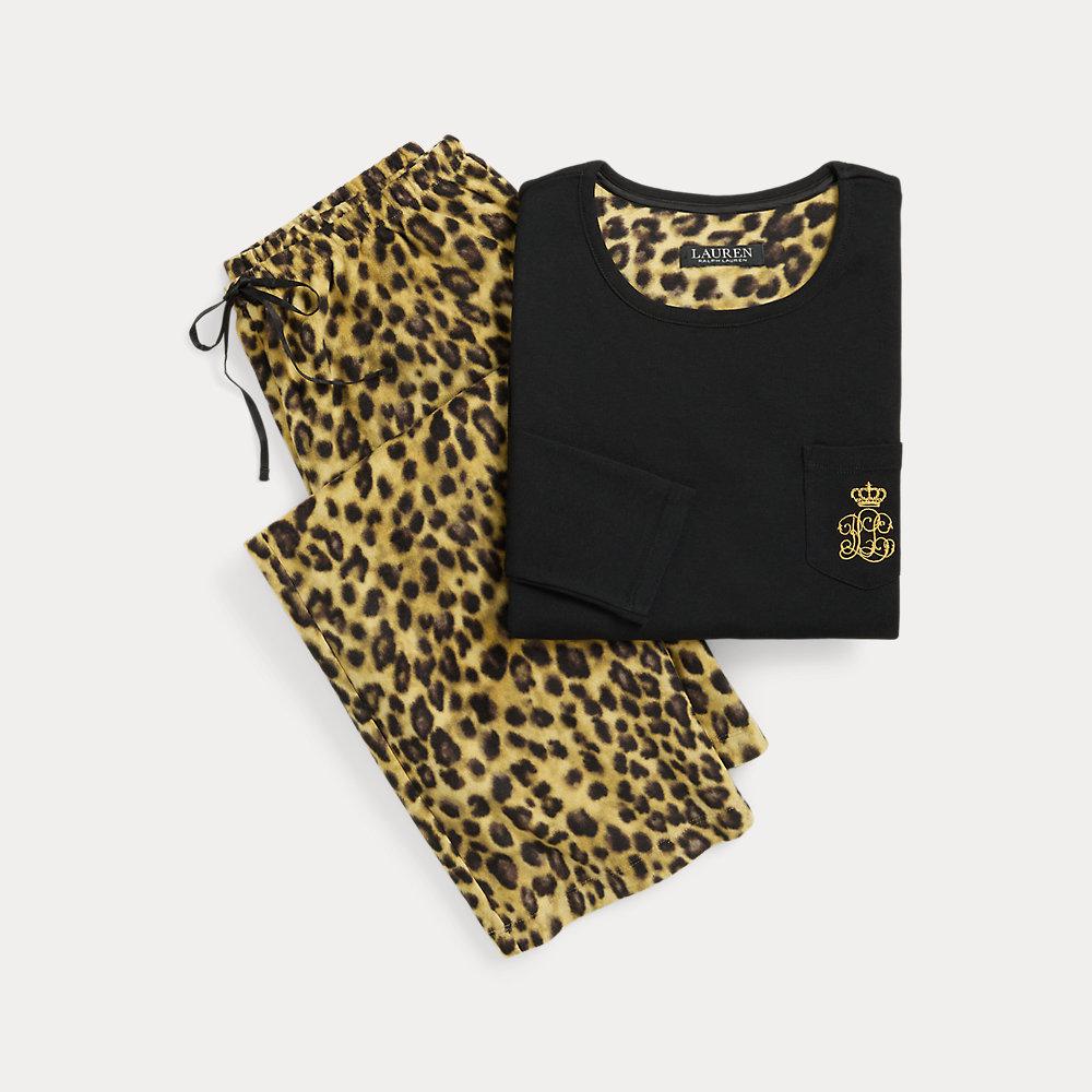 LAUREN RALPH LAUREN Leopard Print Knit & Fleece Pyjama Set in Brown ...