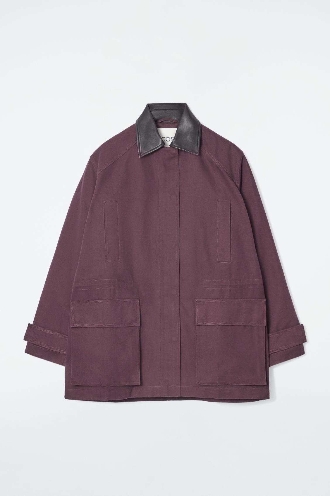COS Oversized Leather-Collar Utility Jacket in BORDEAUX | endource