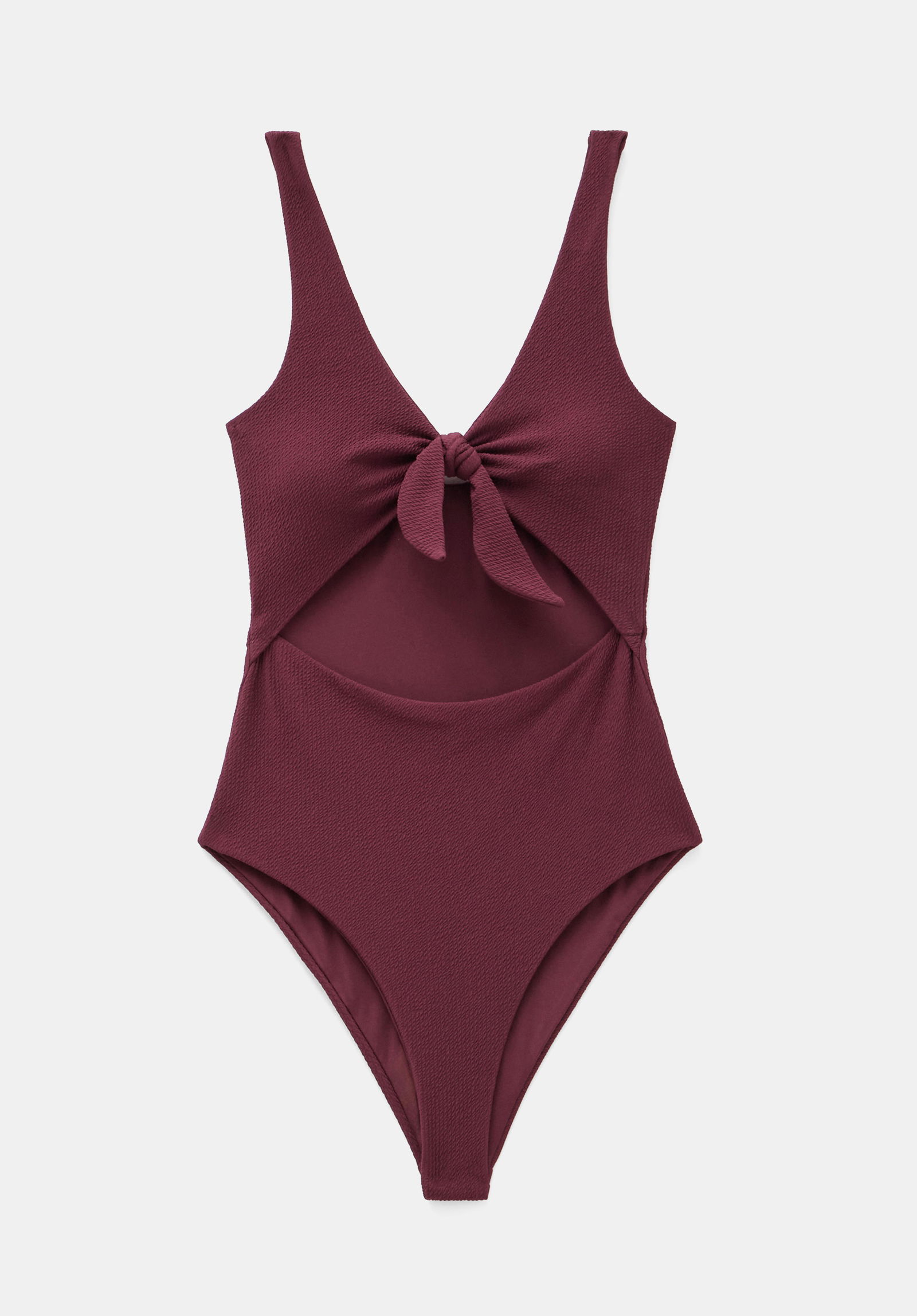 HUSH Tie Front Texture Swimsuit in Burgundy Red | endource