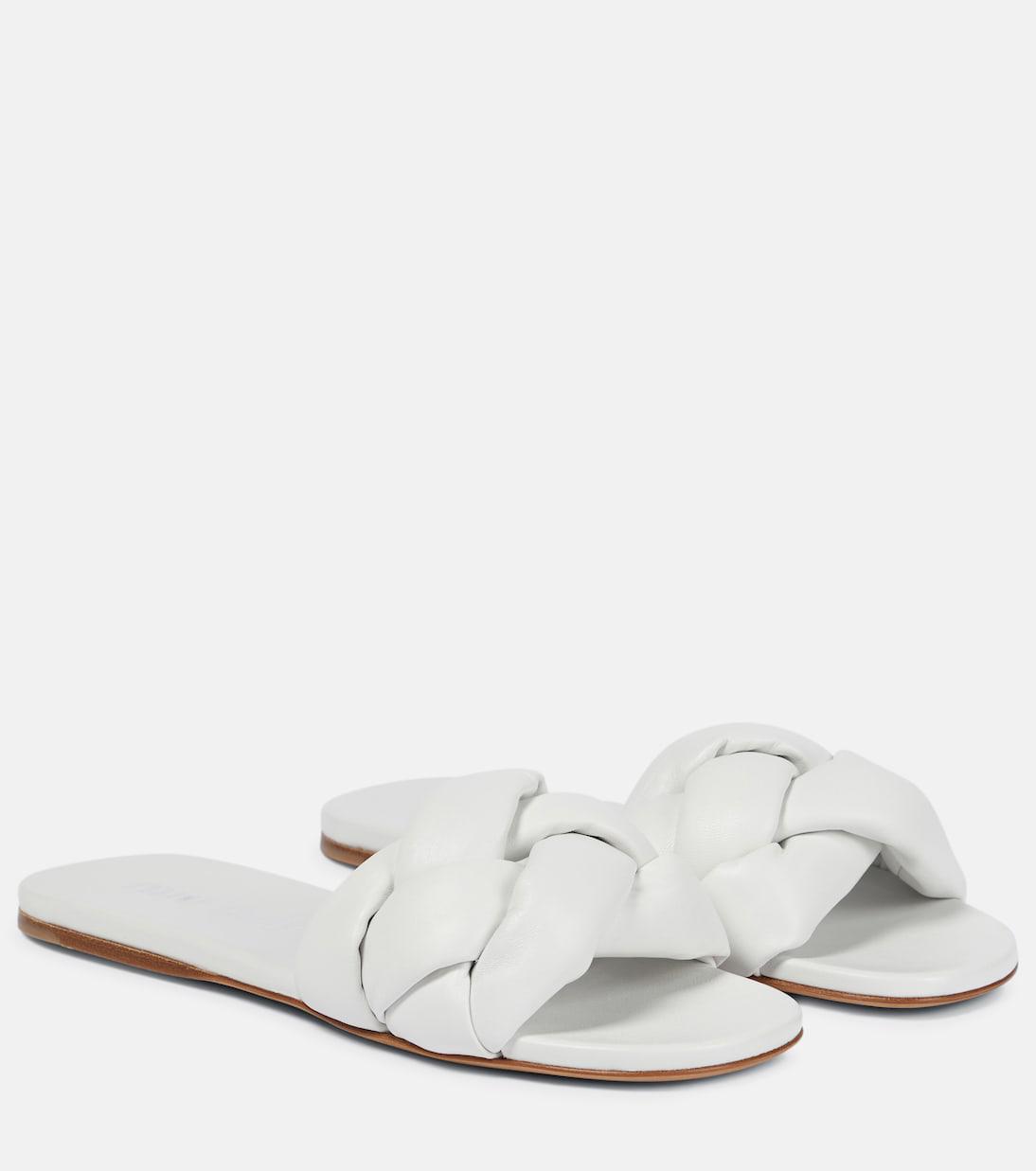 MIU MIU Woven Leather Slides in White | endource