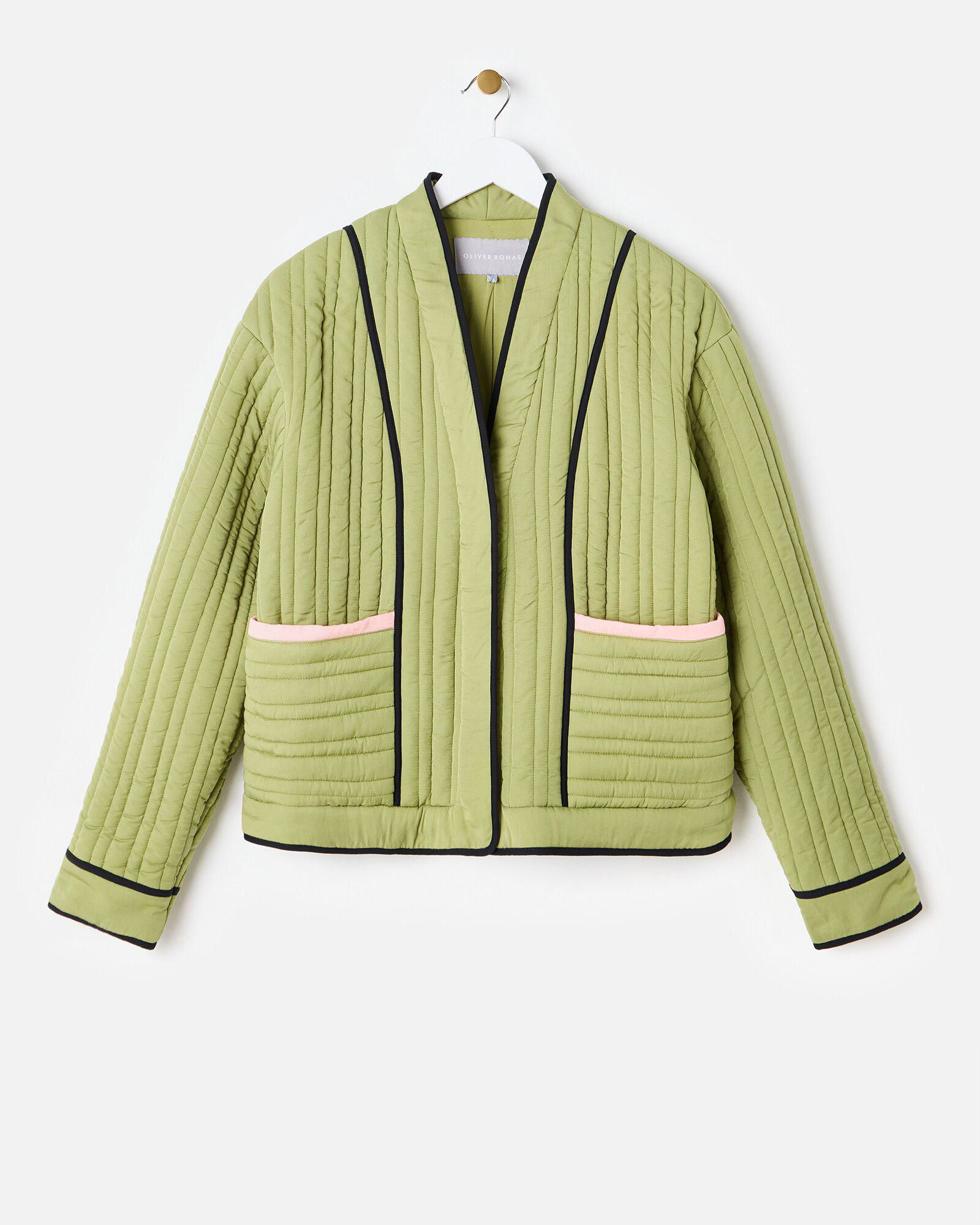 OLIVER BONAS Trim Quilted Jacket in Green | endource