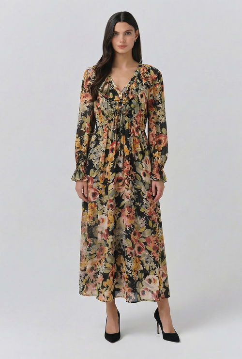GHOST Aurora Floral Crepe V Neck Midi Dress | endource