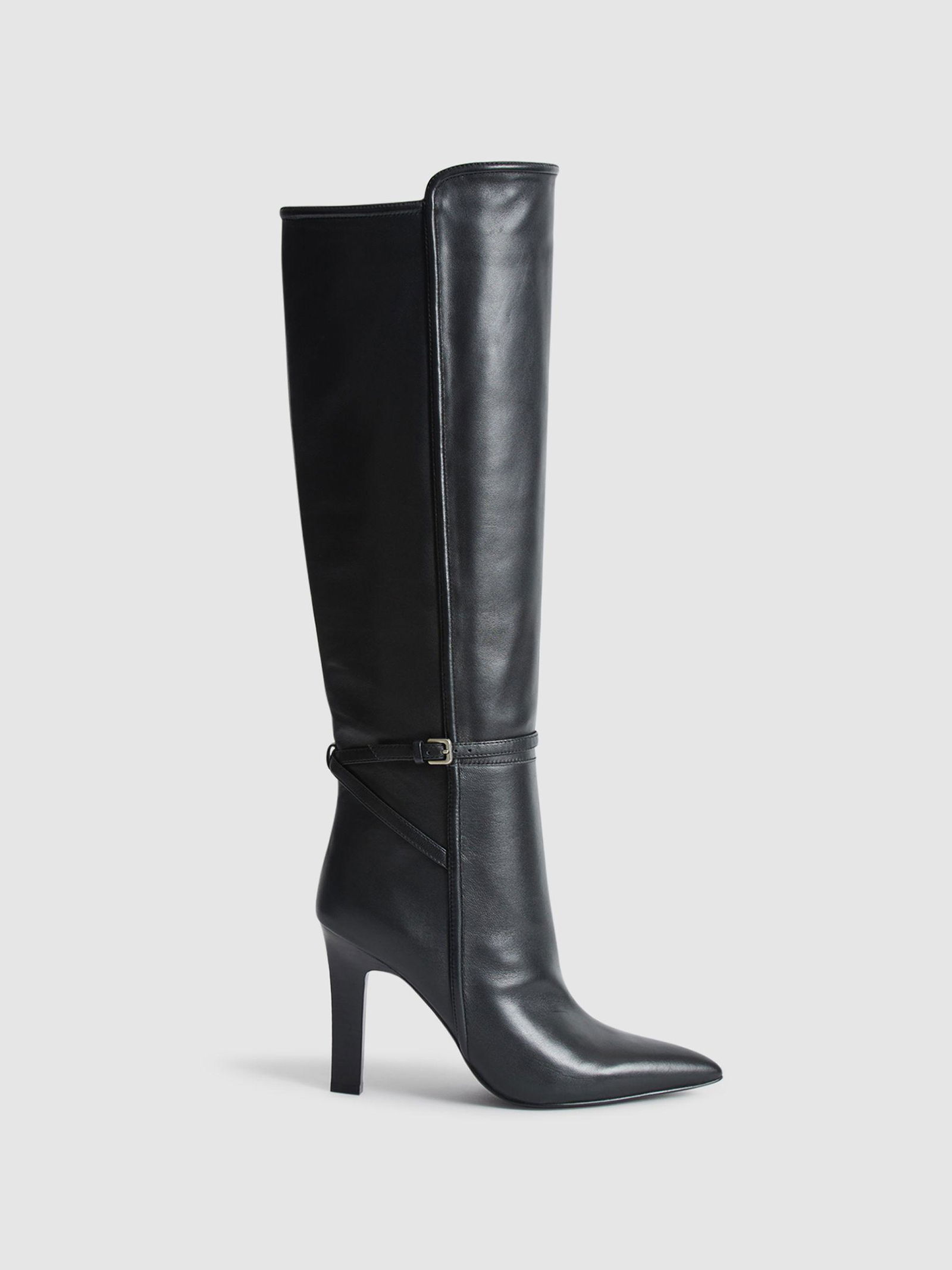 REISS Caitlin Leather Knee High Boots in Black | endource