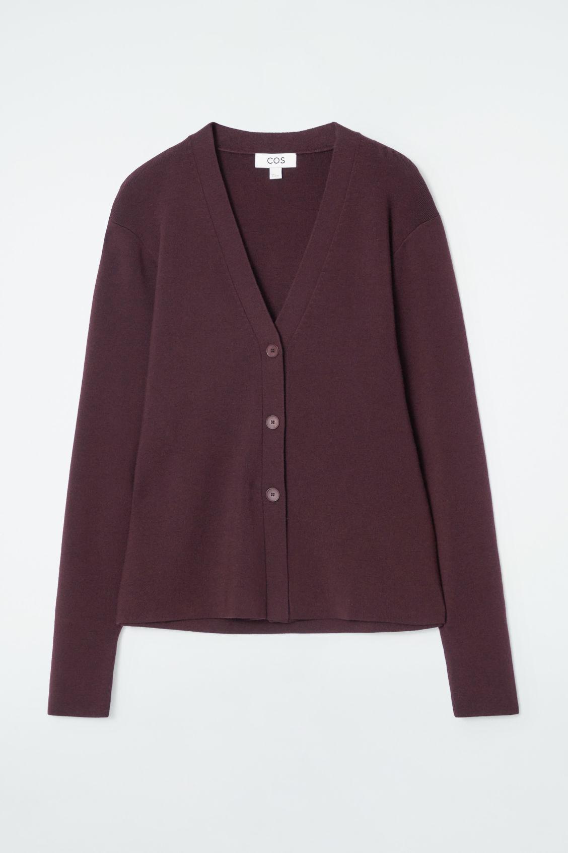 COS Waisted Wool V-Neck Cardigan in BORDEAUX RED | Endource