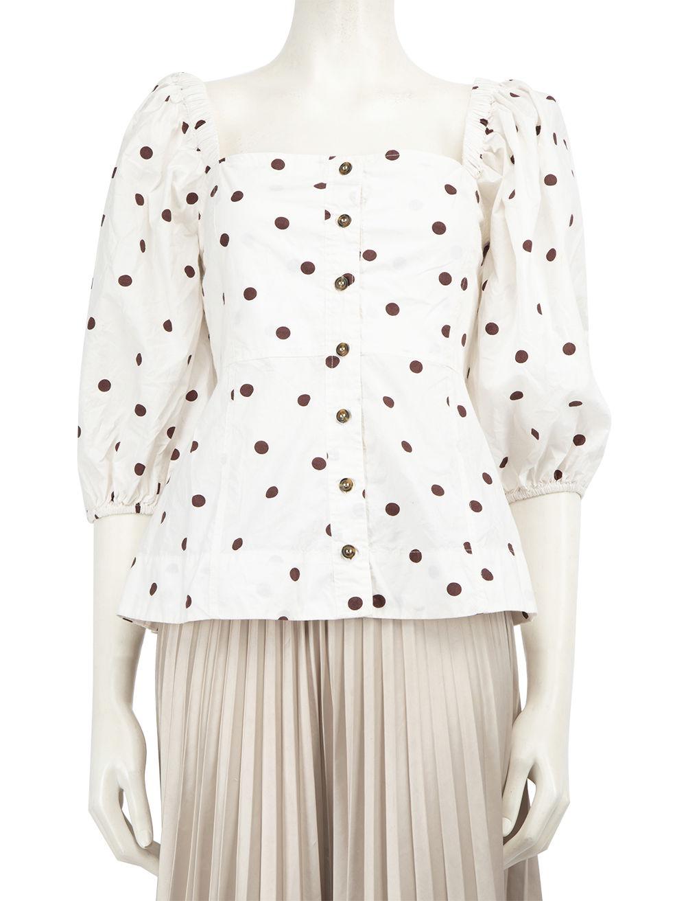 GANNI Polkadot Balloon Sleeve Top in White | endource