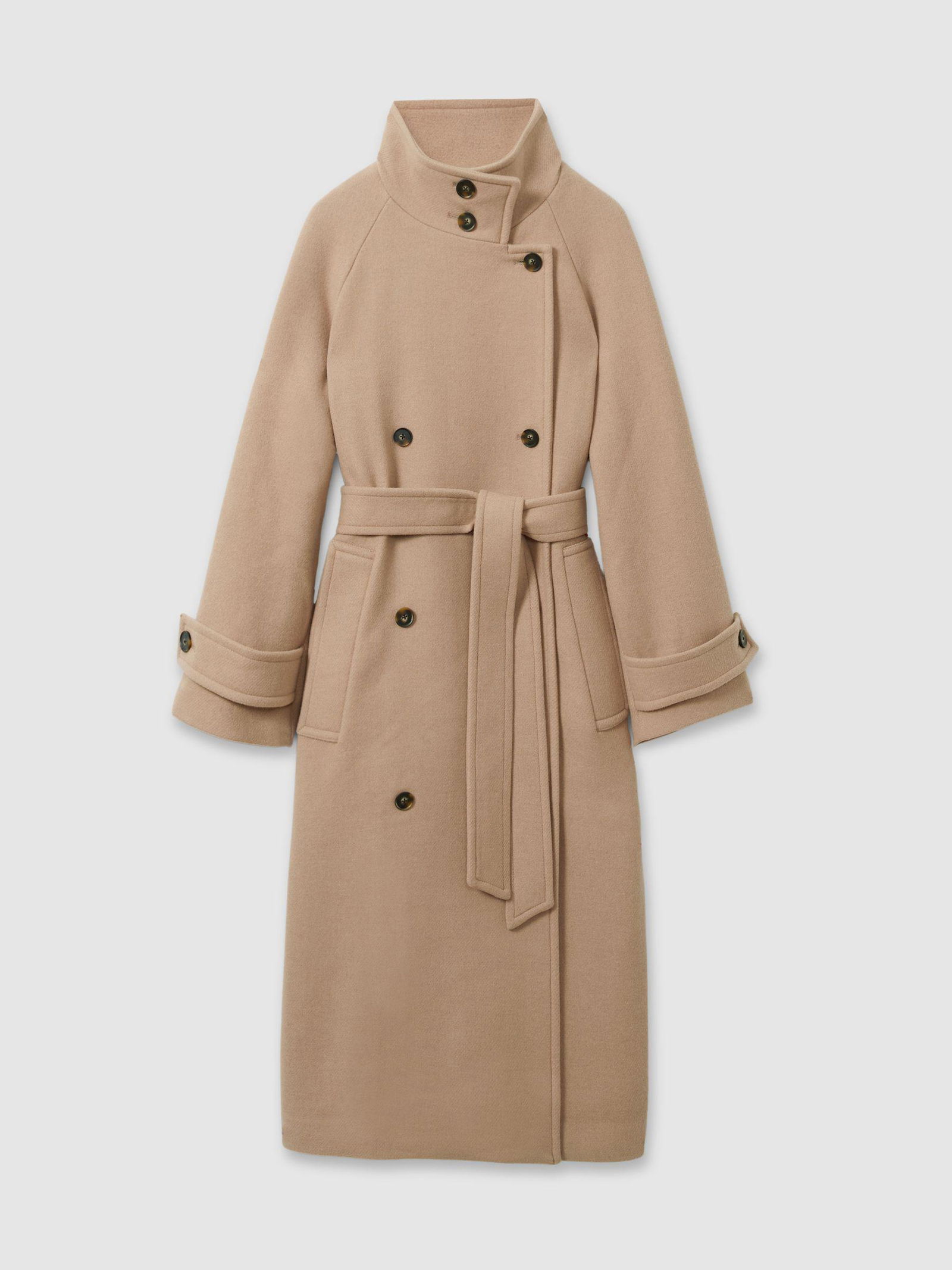 REISS Wool Blend Double Breasted Funnel Neck Coat in Neutral | endource