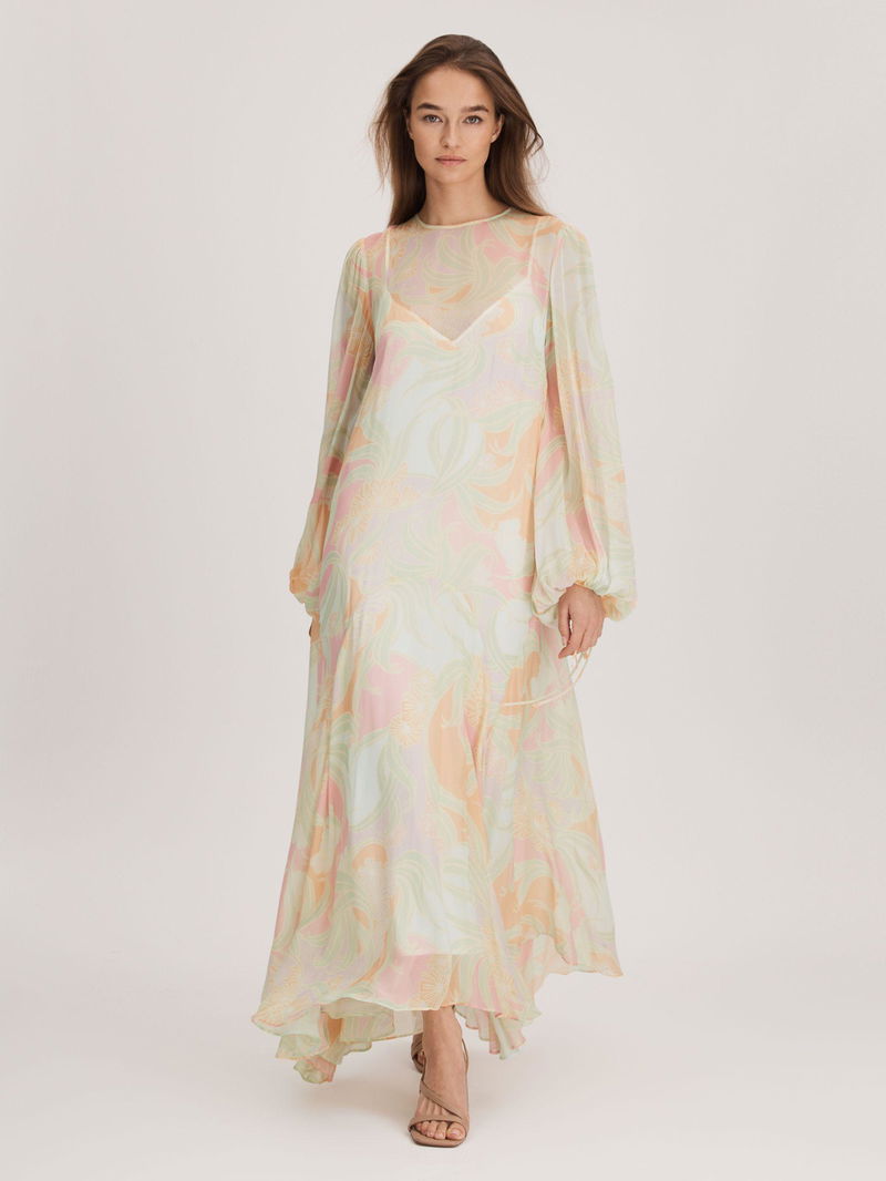 Florere Sheer Asymmetric Midi Dress In Multi Endource