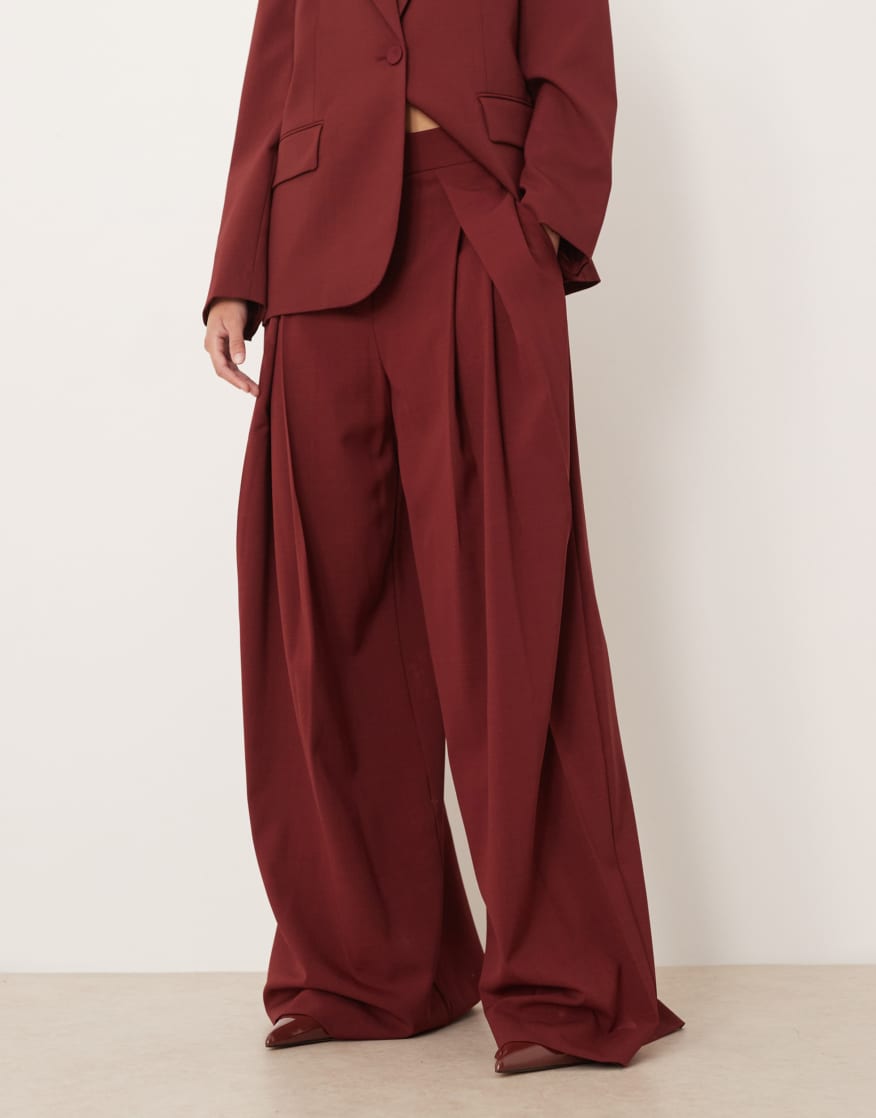 MANGO Tailored Wide Leg Trouser Co-ord In Burgundy | endource