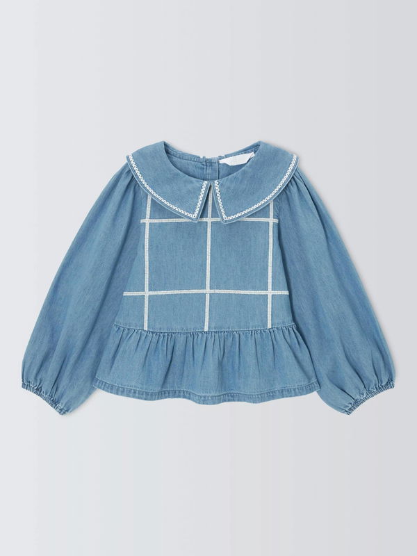 JOHN LEWIS Check Peplum Hem Denim Top, Blue | endource