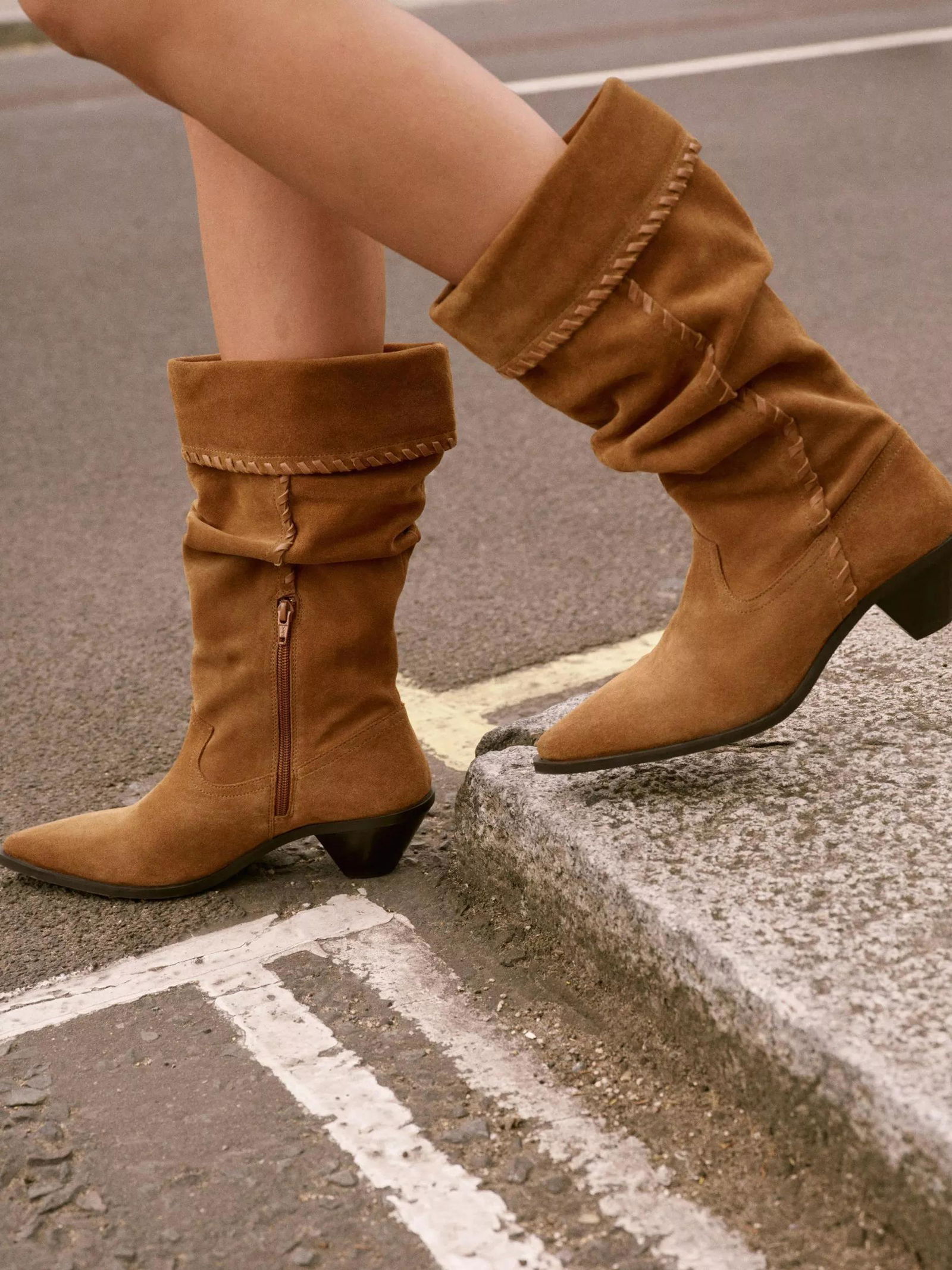 MINT VELVET Isabelle Suede Whipstitch Calf Boots, Tan | endource