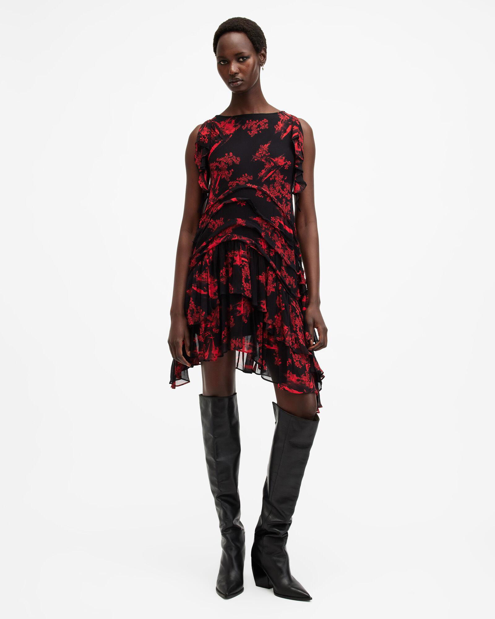 ALLSAINTS Callie Slash Neck Floral Mini Dress in Maria Siren Red | endource