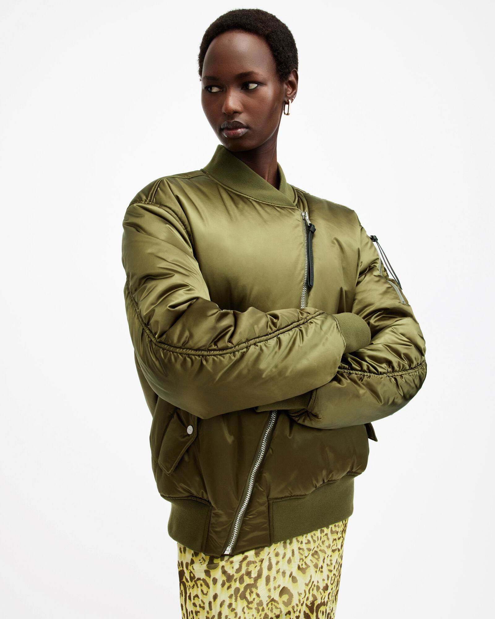 ALLSAINTS Roomer Asymmetric Zip Up Bomber Jacket in Khaki Green | endource